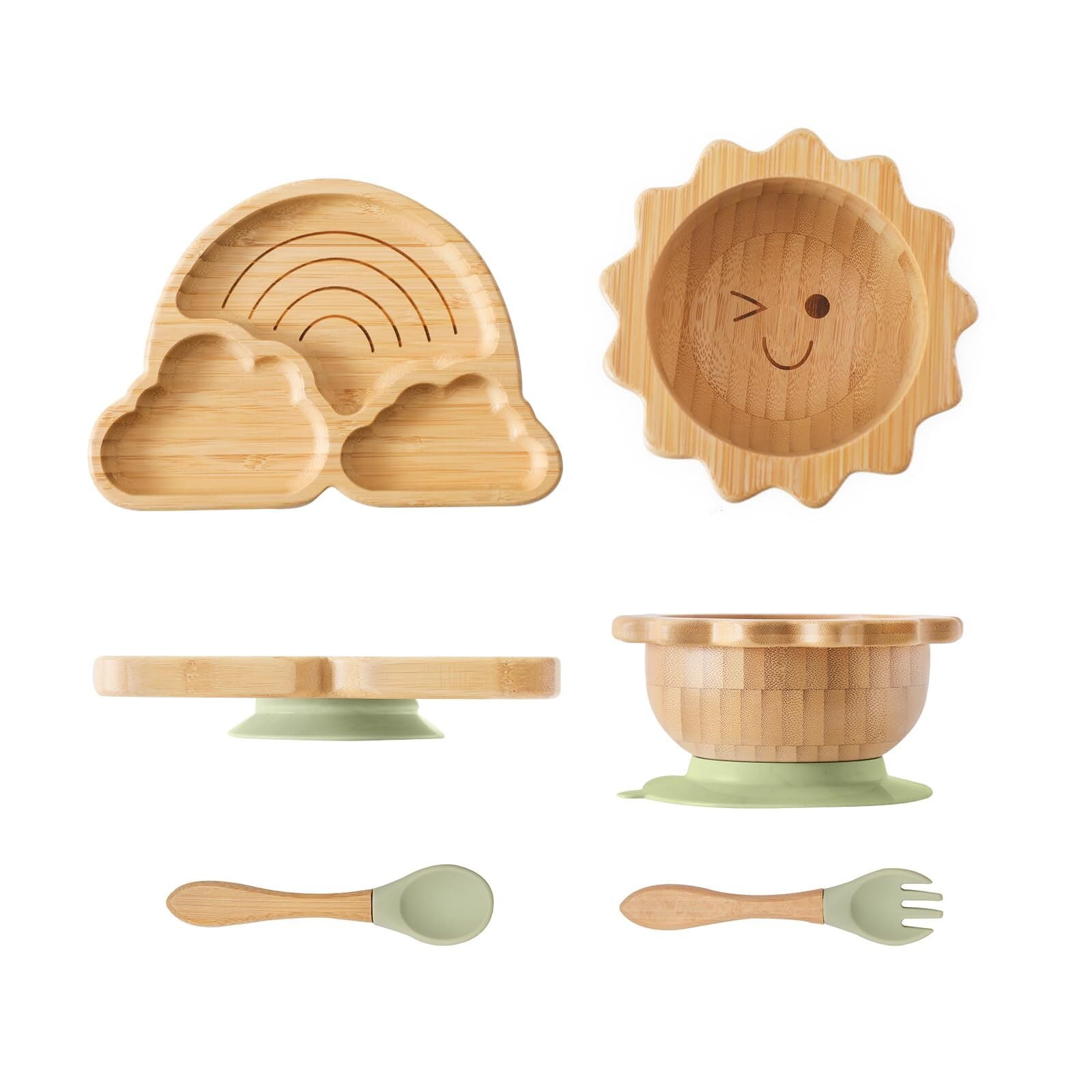 WANGLI Bamboo Suction Plates Bowls Set for Baby Toddler Divided Platter ...