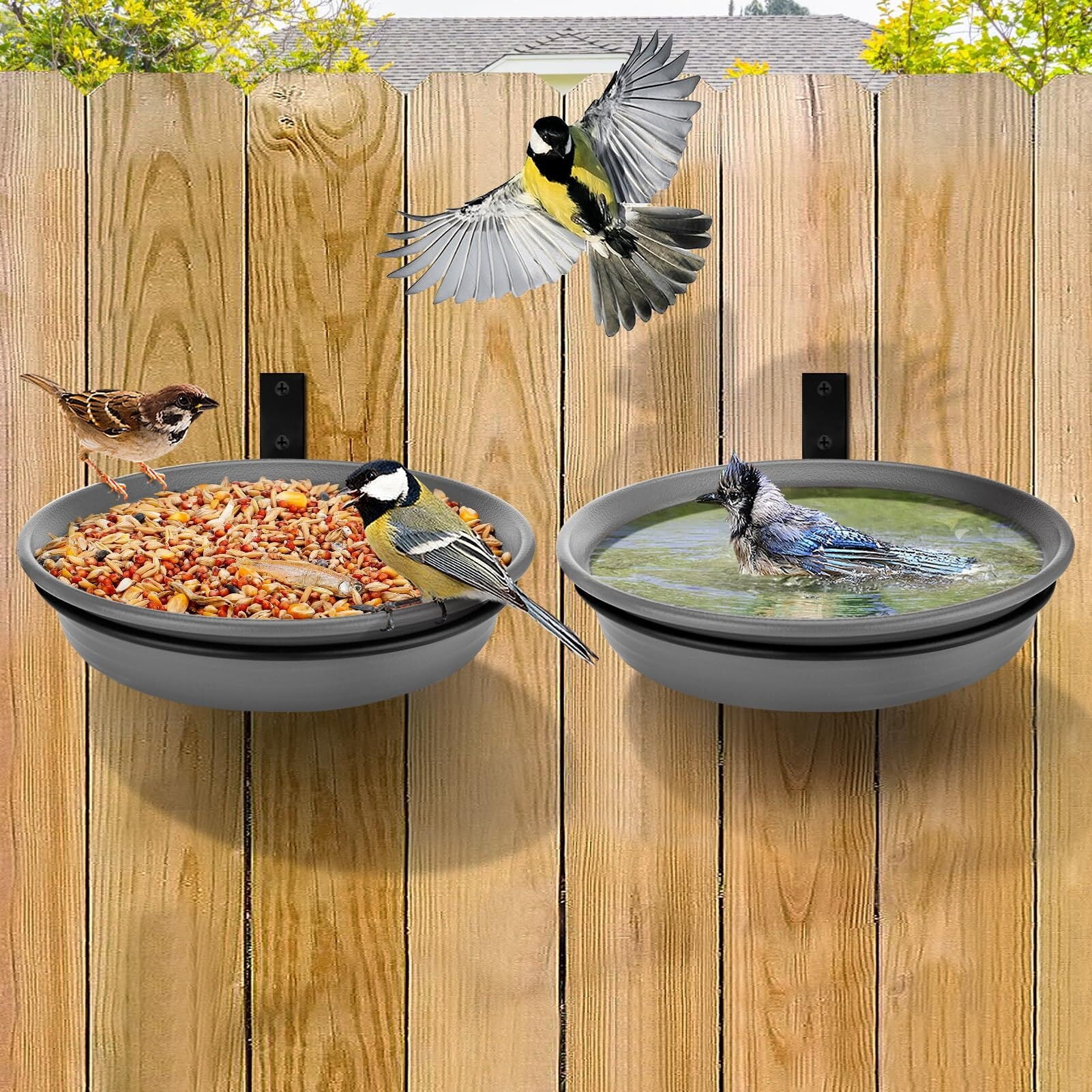 WANGLI Fence Bird Feeders Tray - Tree Mounted Wild Bird Bath for Outdoors Place Food Water ...