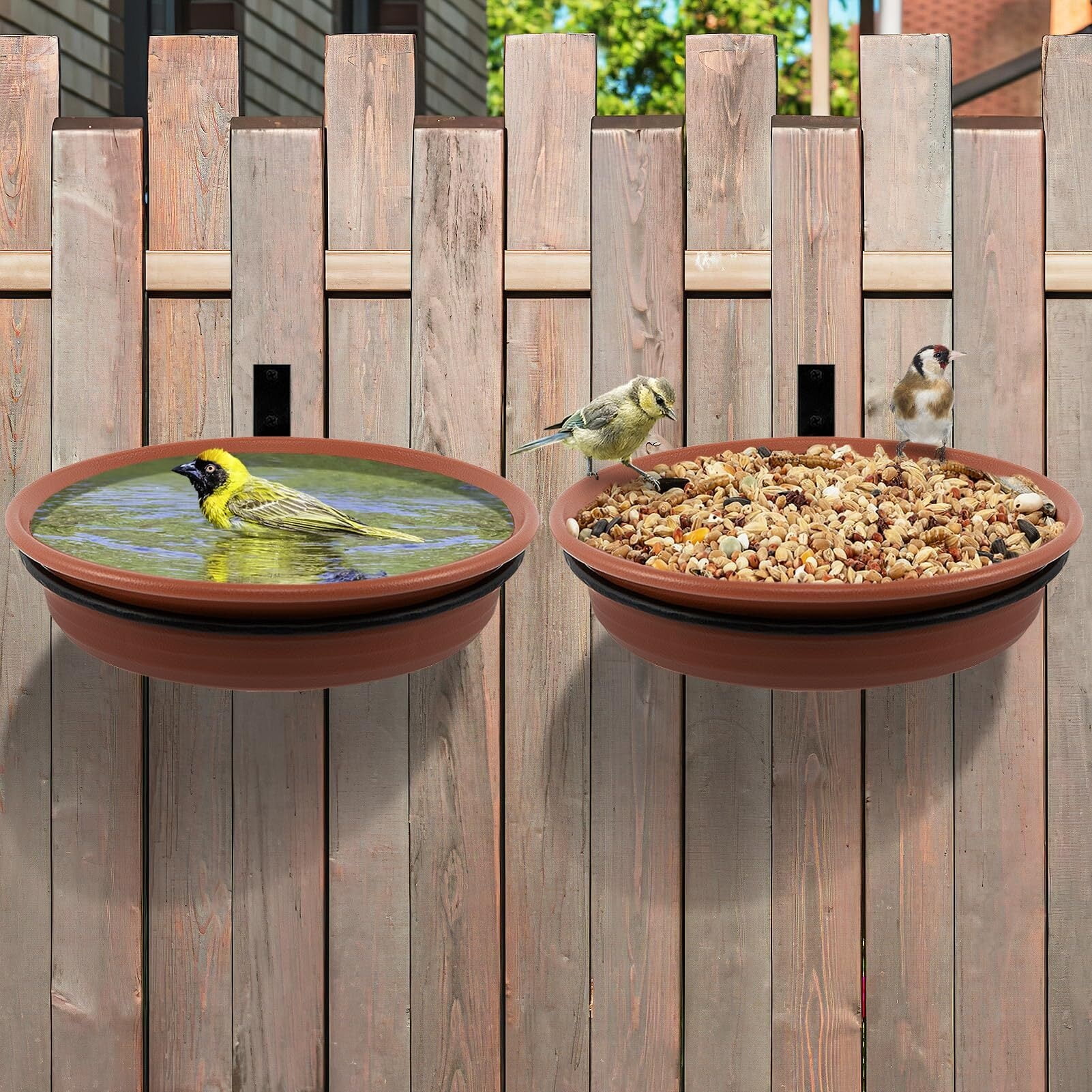 WANGLI Fence Bird Feeders Tray - Tree Mounted Wild Bird Bath for Outdoors Place Food Water ...