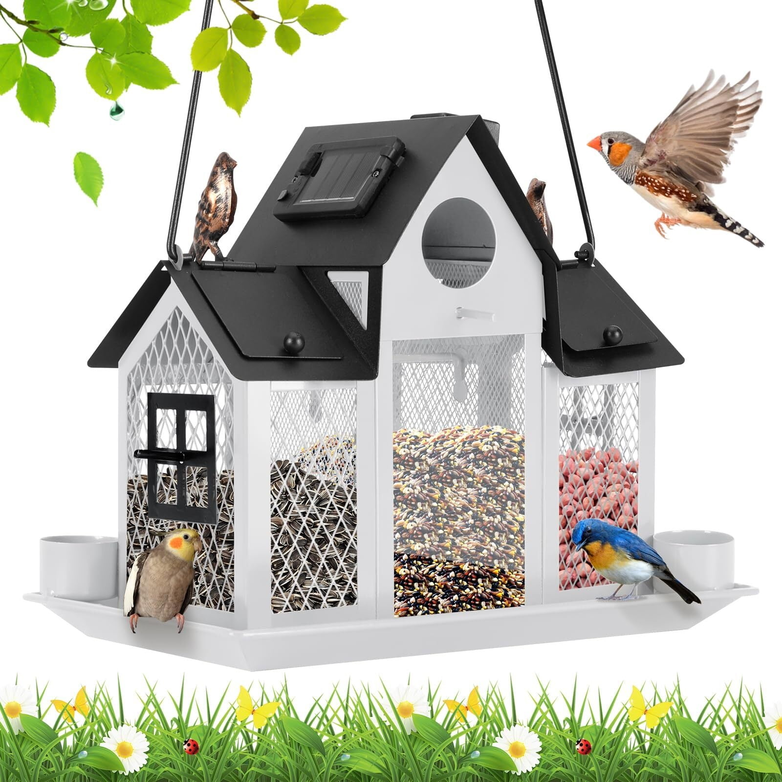 WANGLI Solar Bird Feeders House Outside Hanging Metal Wild Bird Feeder Outdoors Large Cardinal ...