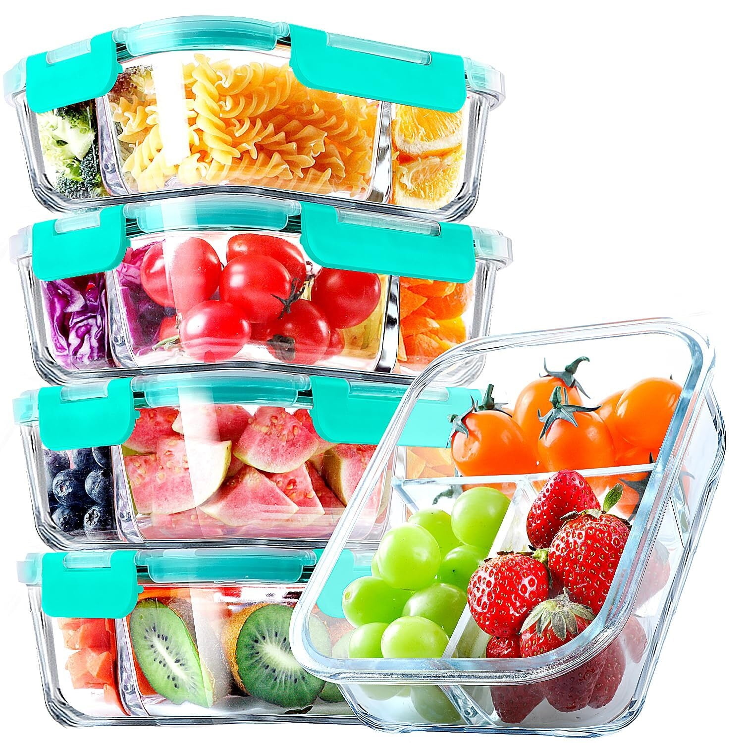 WANGQIANG 5 Pack Glass Meal Prep Containers 3 Compartment Set, 36OZ Airtight Glass Lunch ...