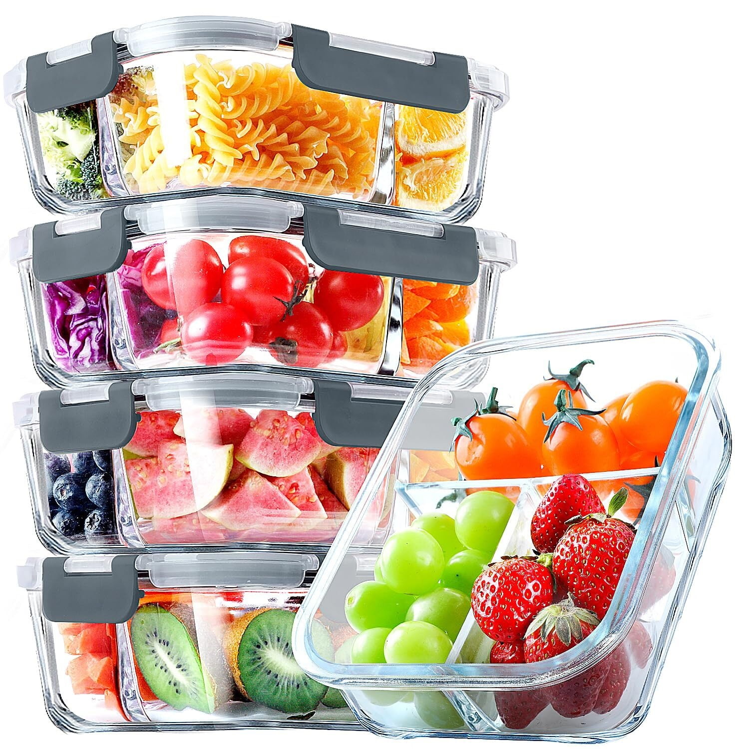 WANGQIANG 5 Pack Glass Meal Prep Containers 3 Compartment Set, 36OZ ...