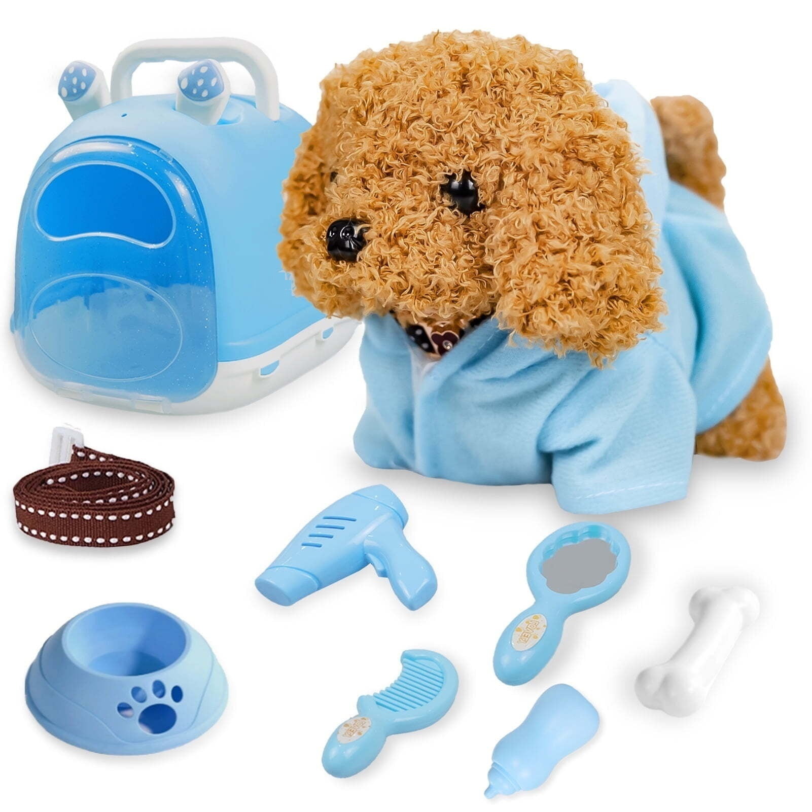 WANGQIANG Pet Care Play Set,Little Plush Brown Teddy Dog Grooming Toys with Puppy Carrier ...