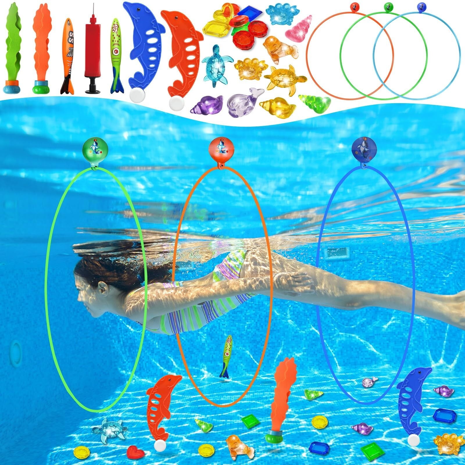 WANGQIANG Pool Toys Diving Rings - 28PCS Swim Thru Rings Pool Game ...