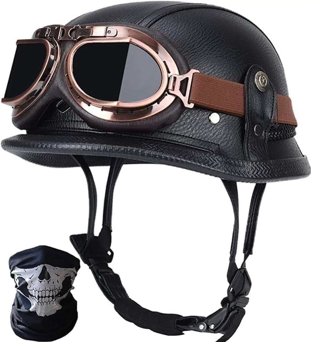 WANGQIANG Retro German Leather Motorcycle Half Helmet DOT/ECE Approved for Adult Men Women Open ...