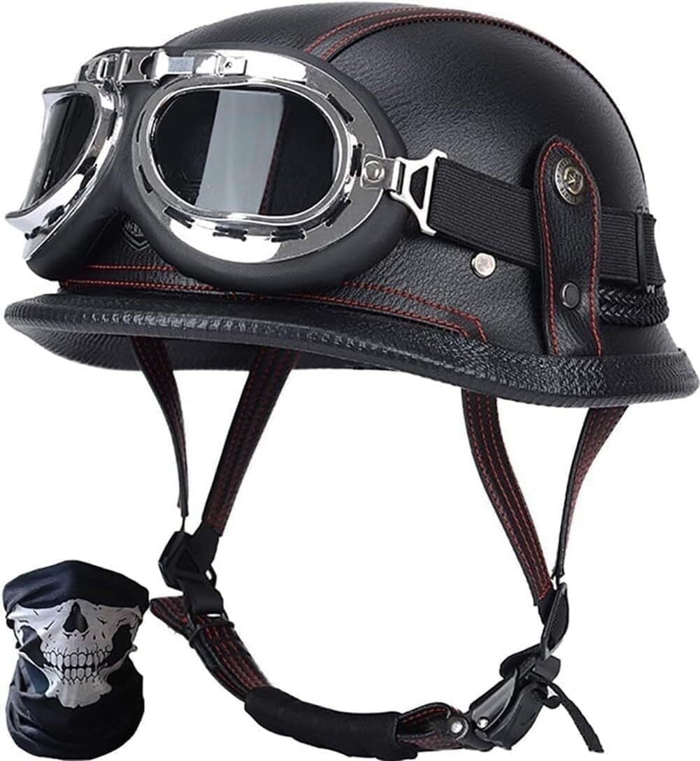 WANGQIANG Retro German Leather Motorcycle Half Helmet DOT/ECE Approved ...