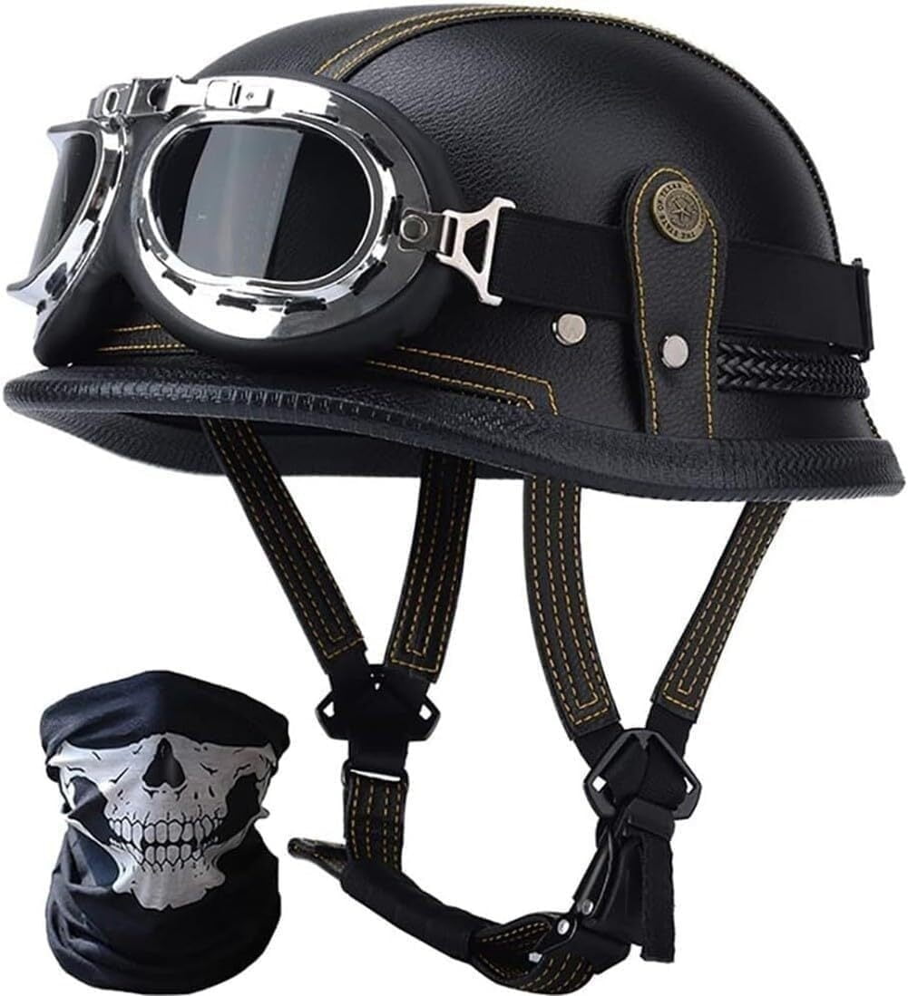 WANGQIANG Retro German Leather Motorcycle Half Helmet DOT/ECE Approved for Adult Men Women Open ...