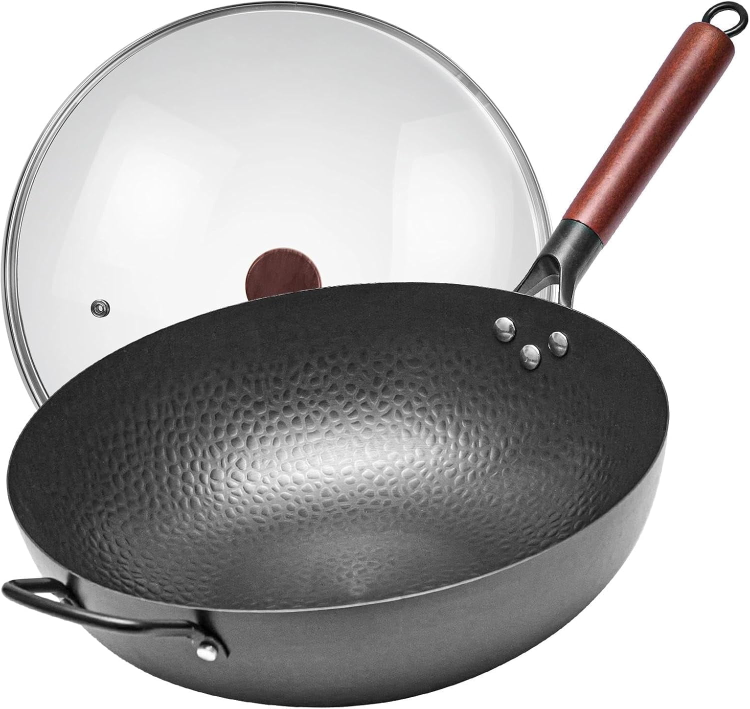 WANGYUANJI Hammered Wok 13.4",Carbon Steel Wok Pan with Long Wooden ...