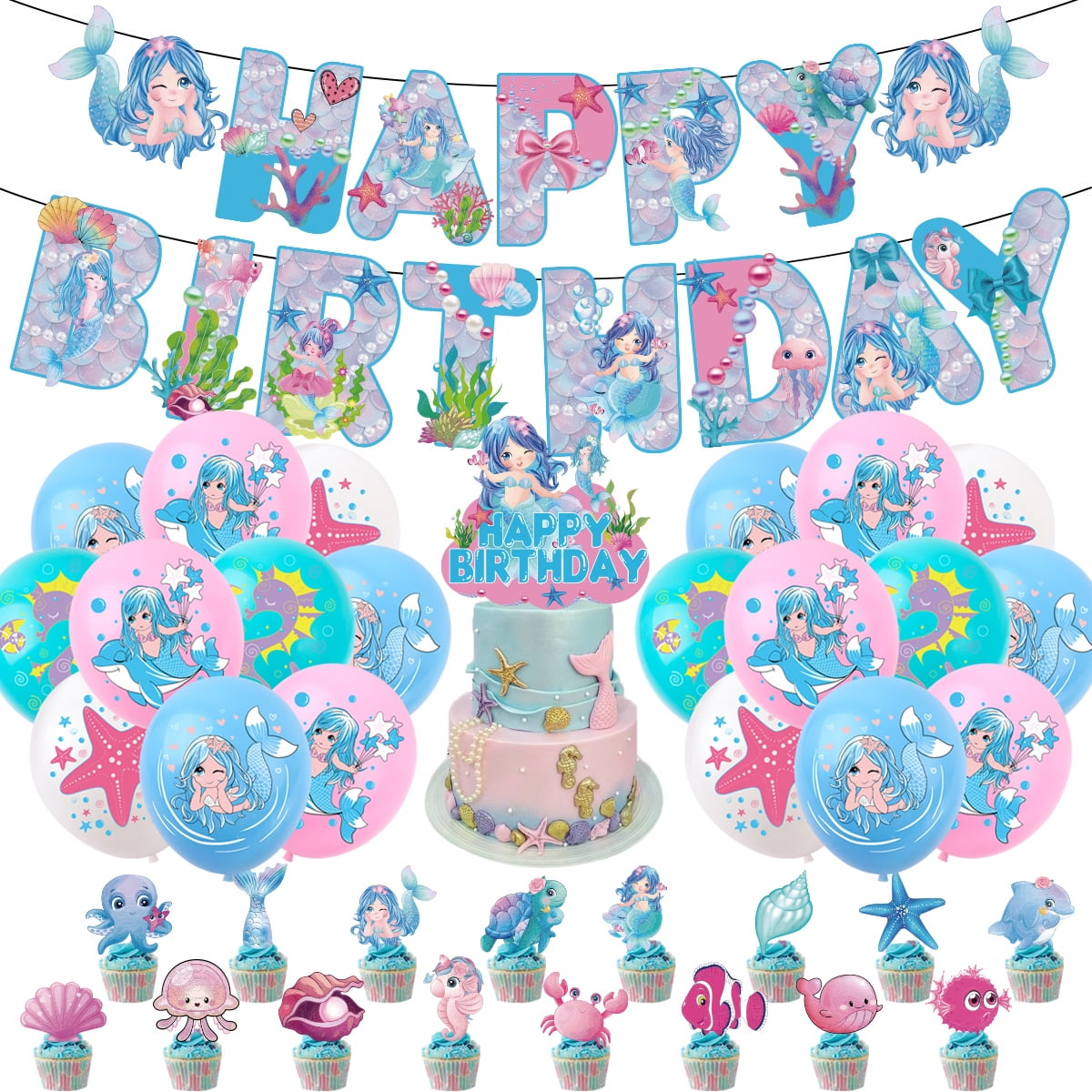 WANNGWEE Cartoon Mermaids Birthday Party Supplies, Cartoons Theme Party ...