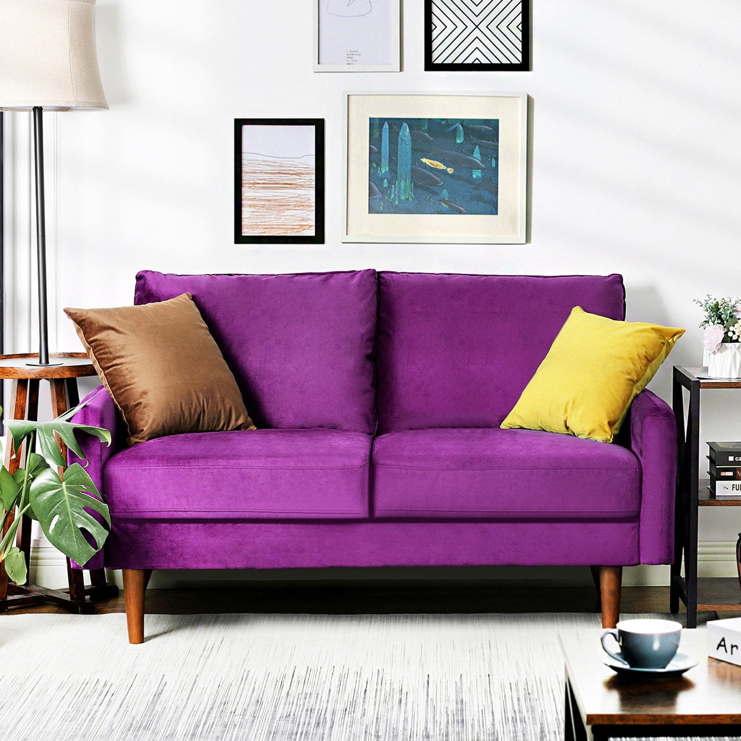 WANSE 56"W Round Arms Velvet Loveseat, Solid Wood Frame, Easy Assembly ...