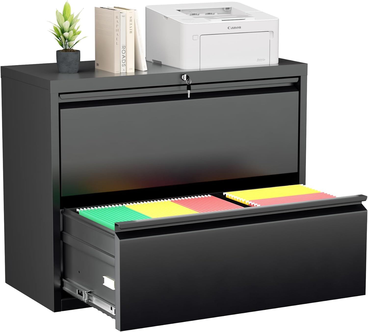 WANSHUN 2 Drawer Filing Cabinet, Black Metal Lateral File Cabinet with ...