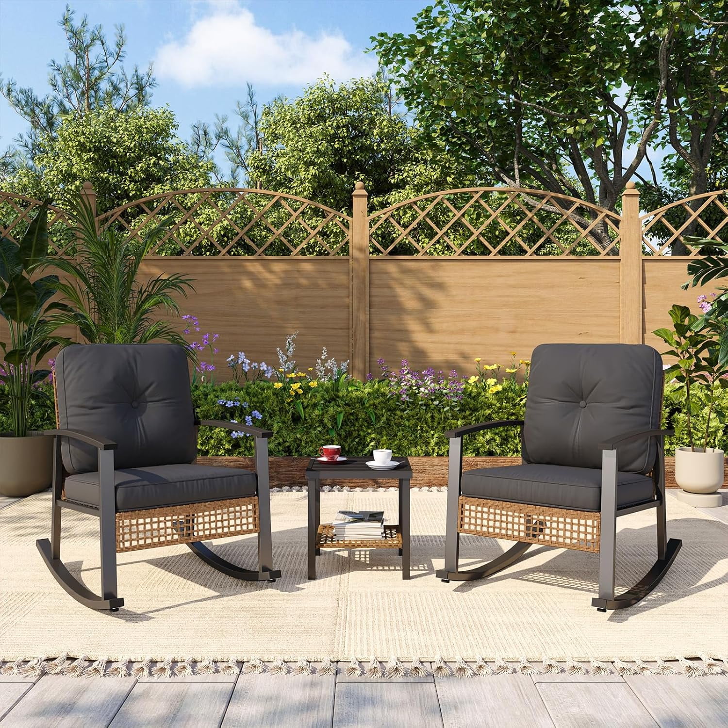 WANSHUN 3-Piece Outdoor Rocking Bistro Set, Patio Furniture Set with ...