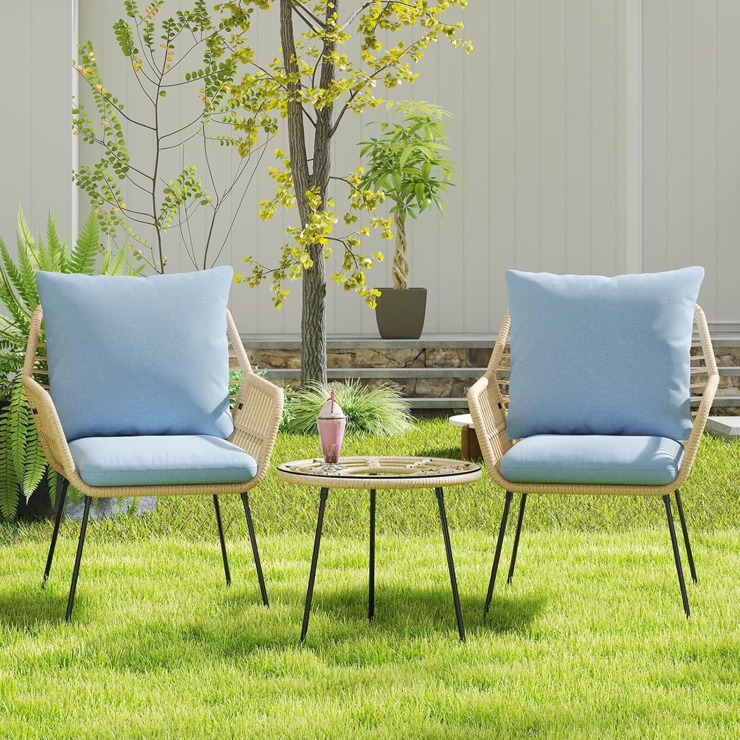 WANSHUN 3 Pieces Outdoor Patio Set, Bistro Set Patio with Glass Top ...