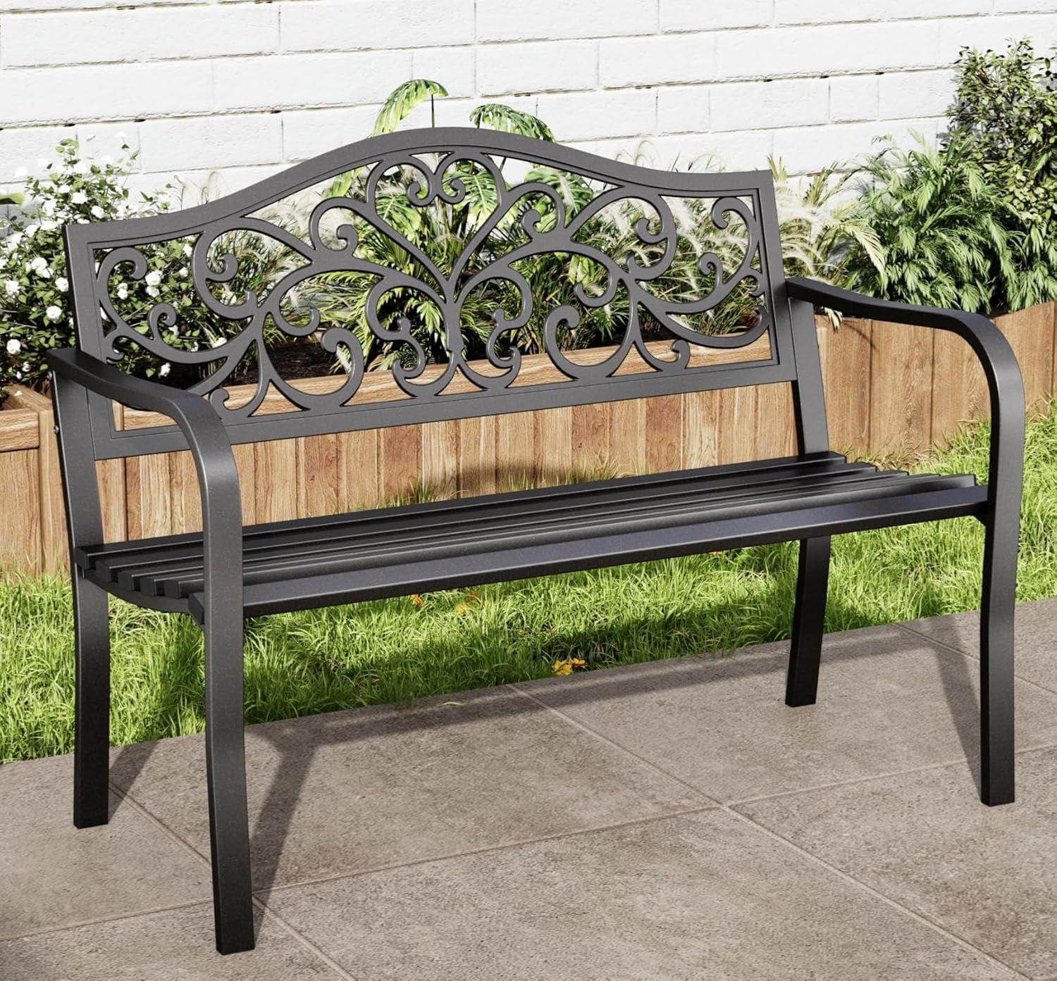 WANSHUN 43.7 Inches Outdoor Garden Bench, Cast Iron Metal Frame Patio ...