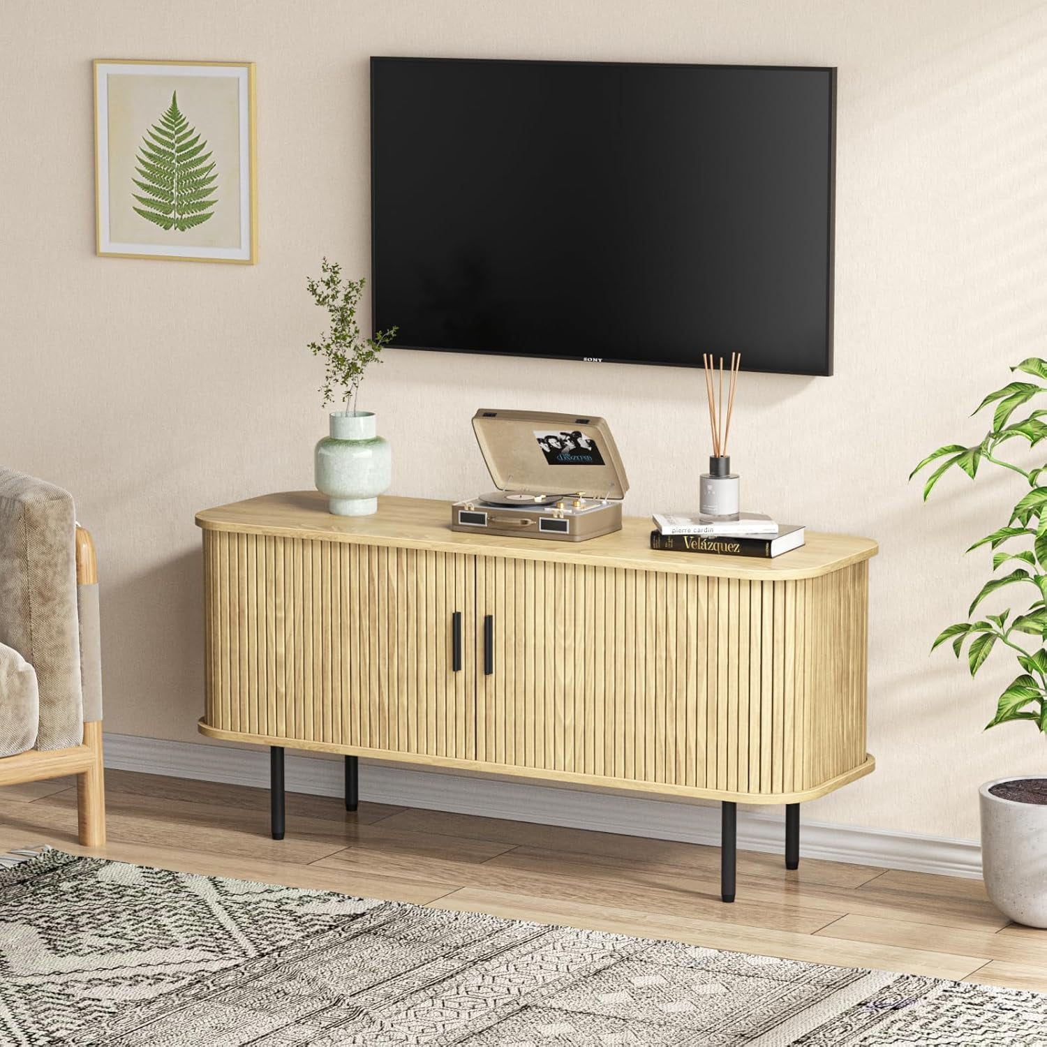 WANSHUN 47''W Storage Cabinet, Fluted Sideboard Buffet Cabinet with Storage, Console Table ...