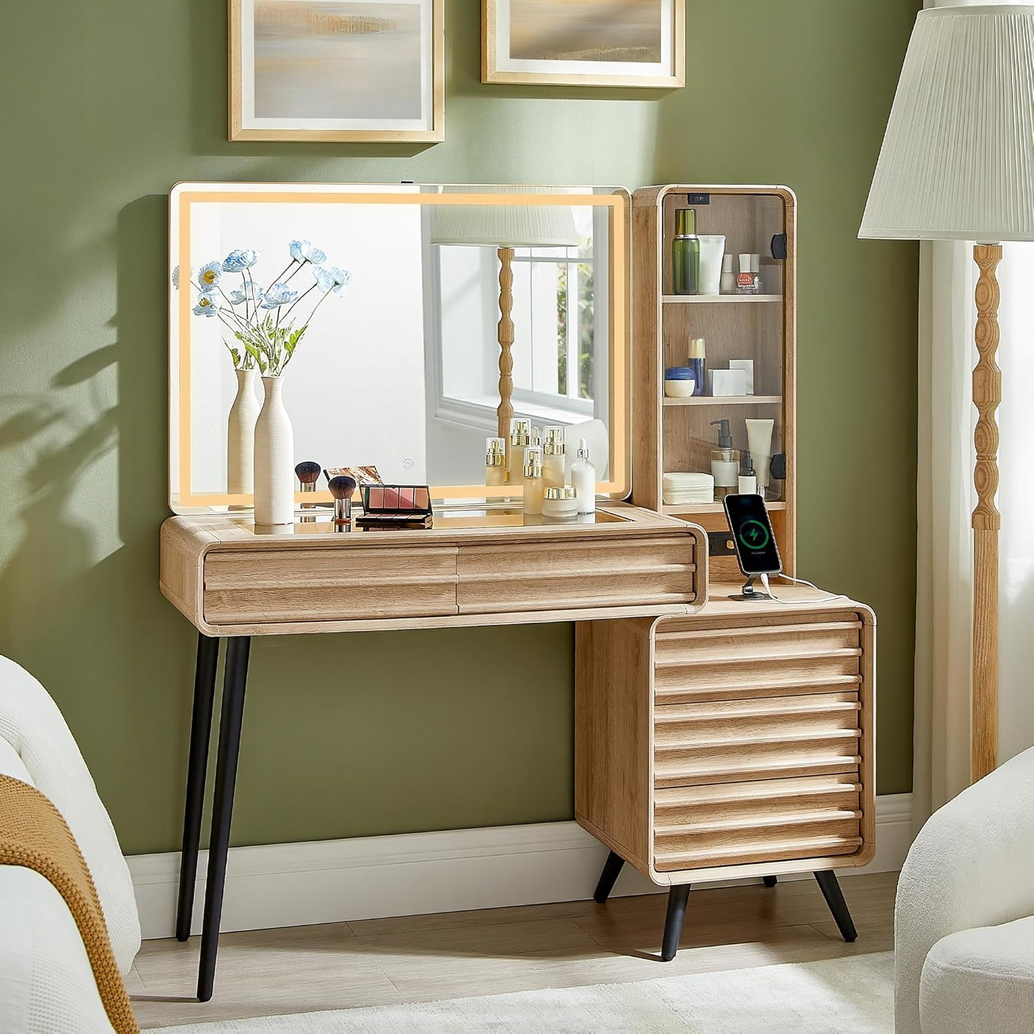 WANSHUN 48" Vanity Desk with 36" HD Lighted Mirror and Lights, Mid ...