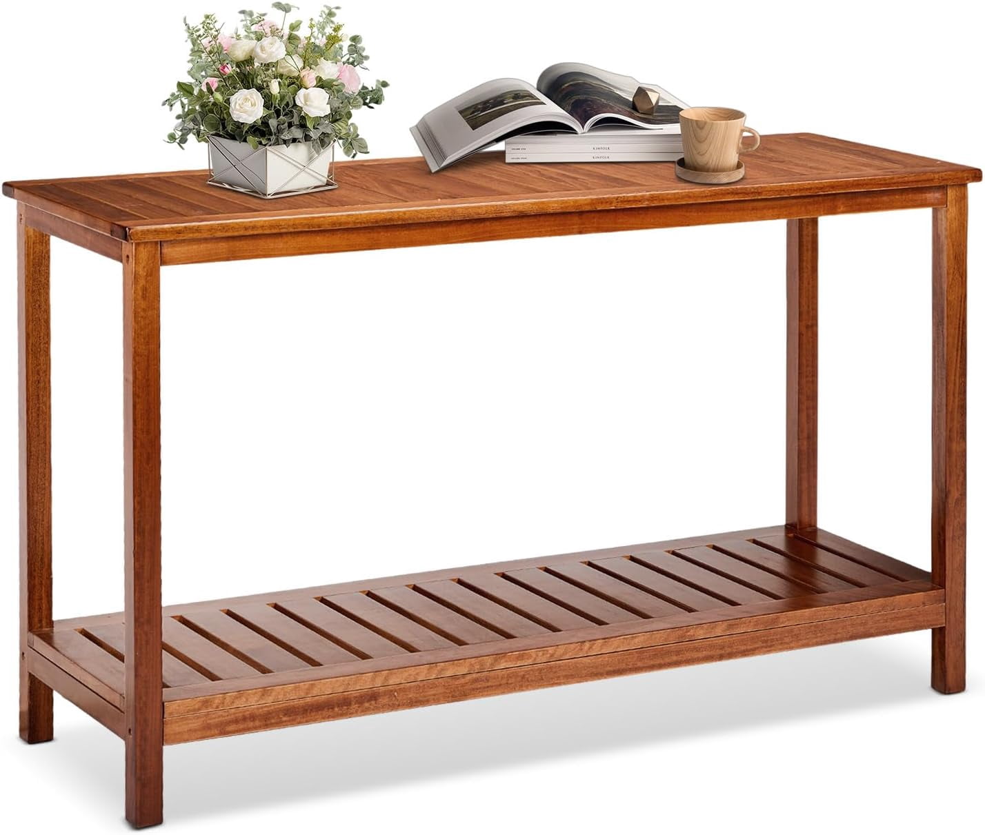WANSHUN 49in Solid Wood Outdoor Console Table, 2-Shelf Wooden Outdoor ...