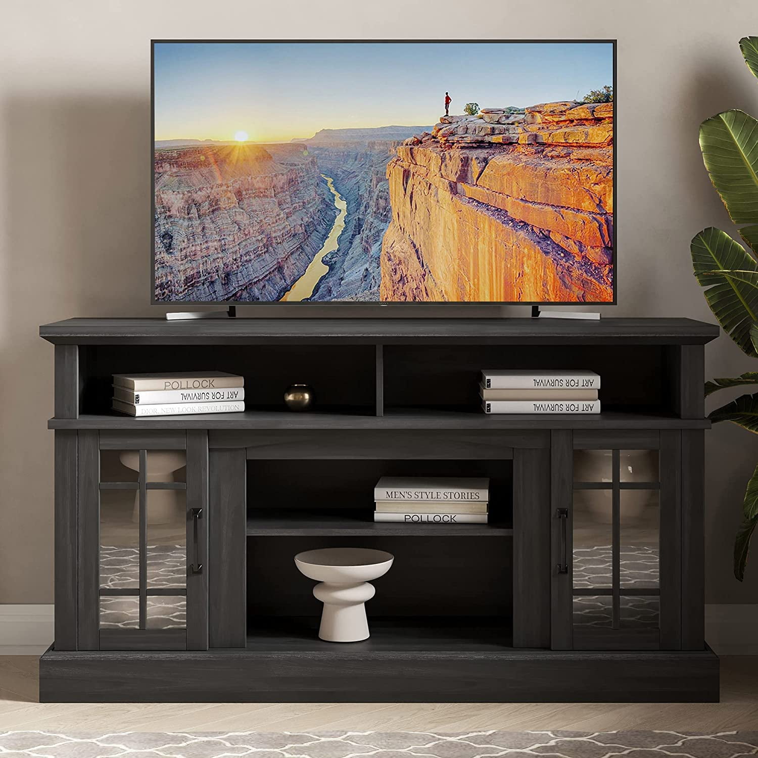 WANSHUN 58 Inch TV Stand, Rustic Wood Entertainment Center for TVs up to 65", Contemporary Media ...