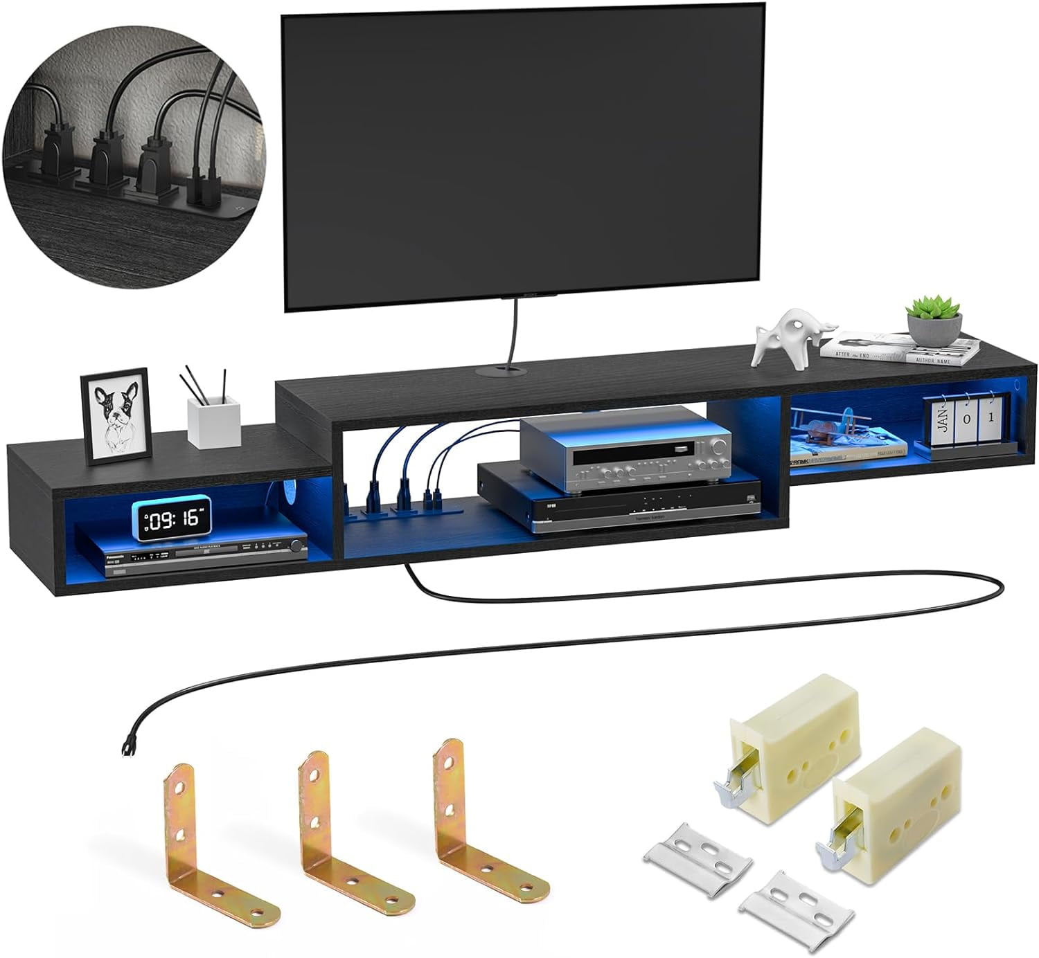 WANSHUN 59'' Floating TV Stand with LED Light Power Outlet, Floating ...