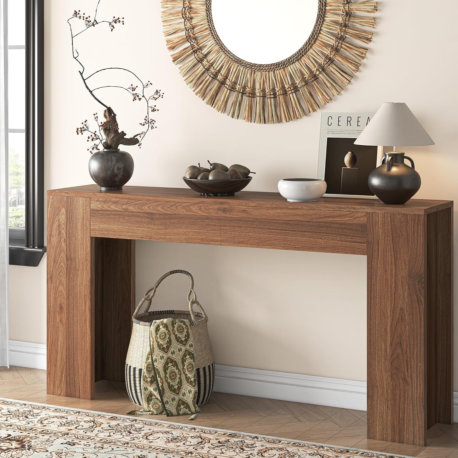 WANSHUN 63-Inch Long Console Table with LED Light, Farmhouse Sofa Table ...