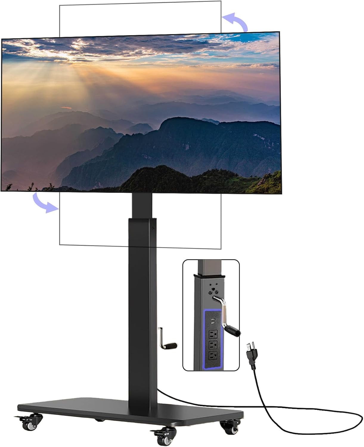 WANSHUN 90° Swivel Mobile TV Stand with Power Outlet, Portable Rolling ...