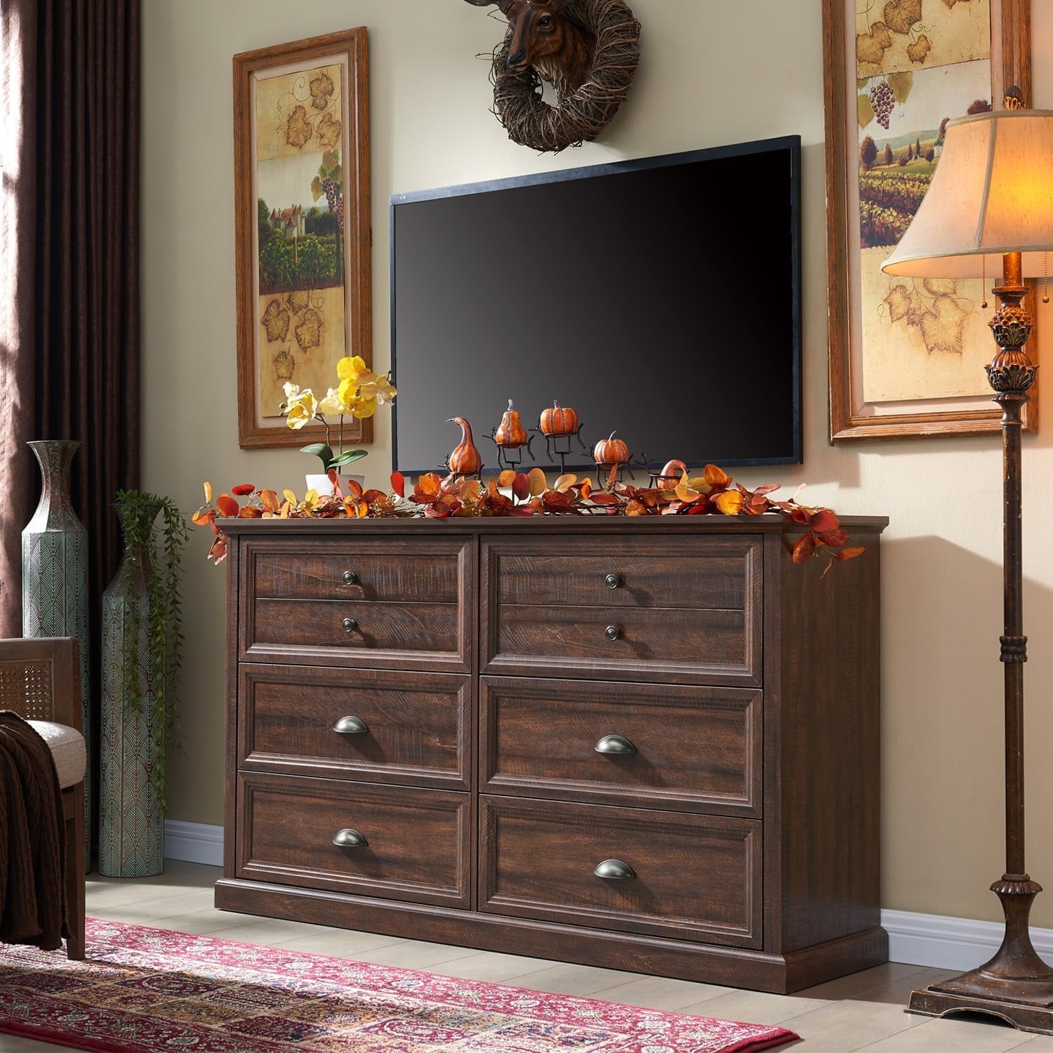 WANSHUN Farmhouse 6 Drawers Dresser for Bedroom, 58" Wide Dresser Chest ...