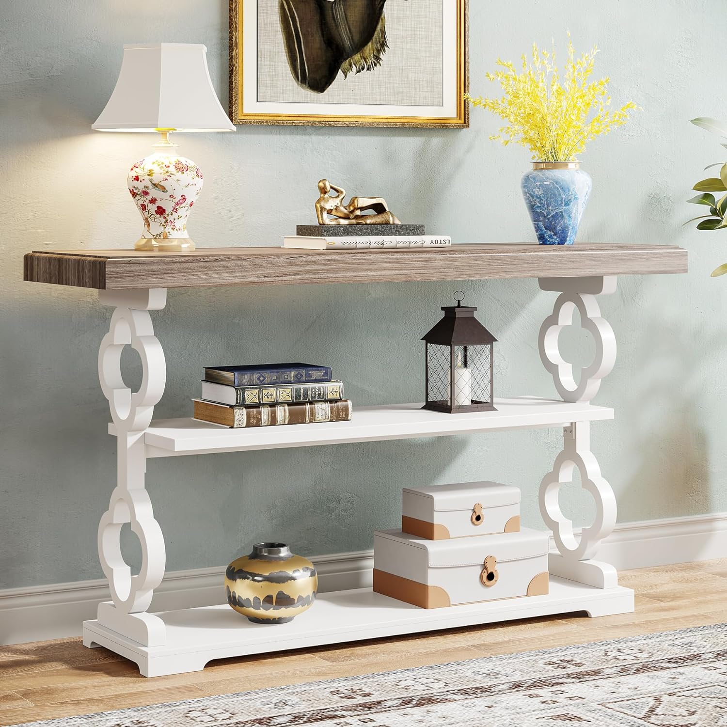 WANSHUN Farmhouse Console Table, 55 inch Long Sofa Table with Storage ...