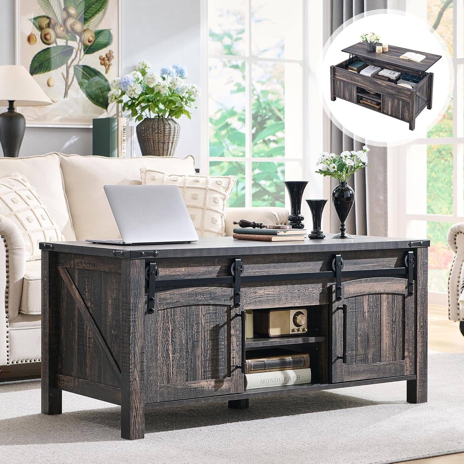 WANSHUN Farmhouse Lift Top Coffee Table with Sliding Door, 48" Large ...