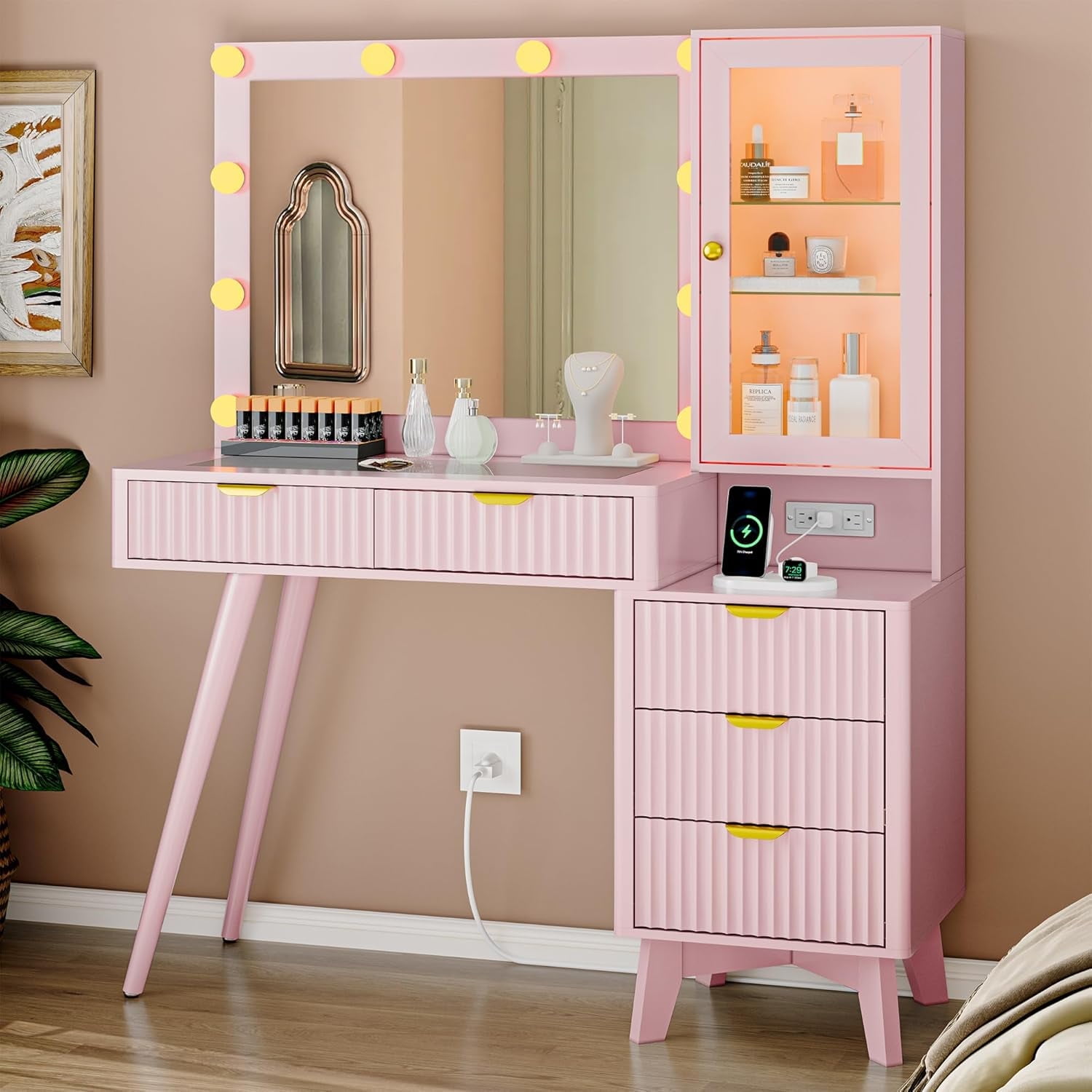 WANSHUN Fluted Vanity Desk with Mirror and Lights, 45" Glass Top Makeup ...