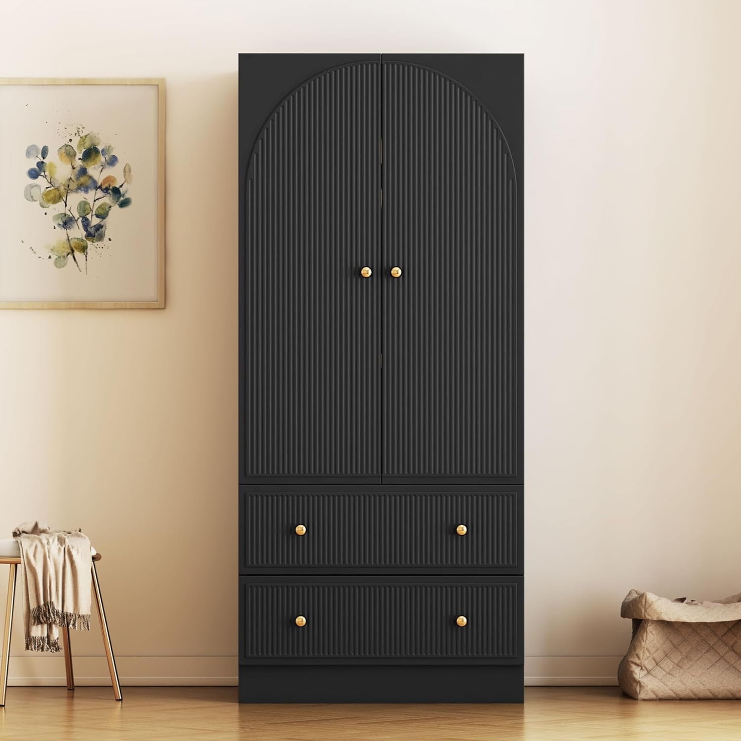 WANSHUN Freestanding Armoire Wardrobe with 2 Drawers and Clothing Rod ...