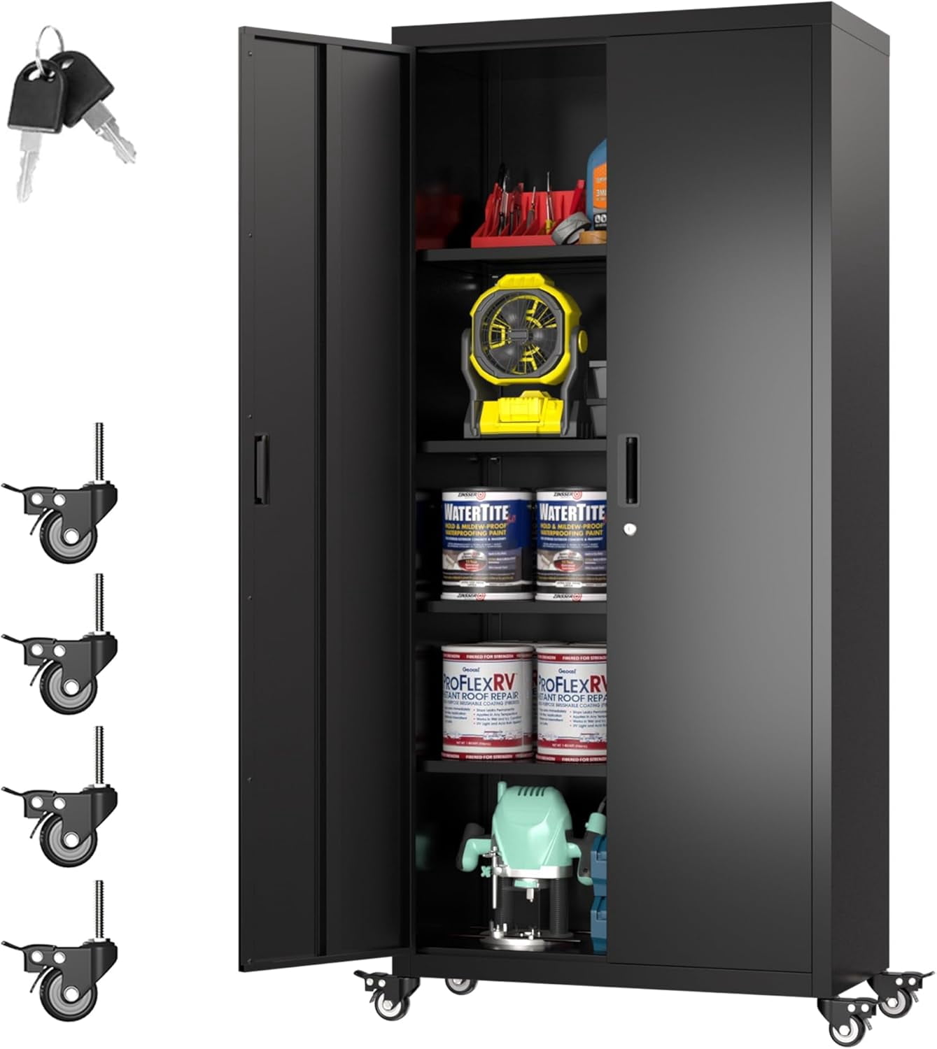 WANSHUN Garage Storage Cabinet with Optional Wheels,73" Metal Lockable ...