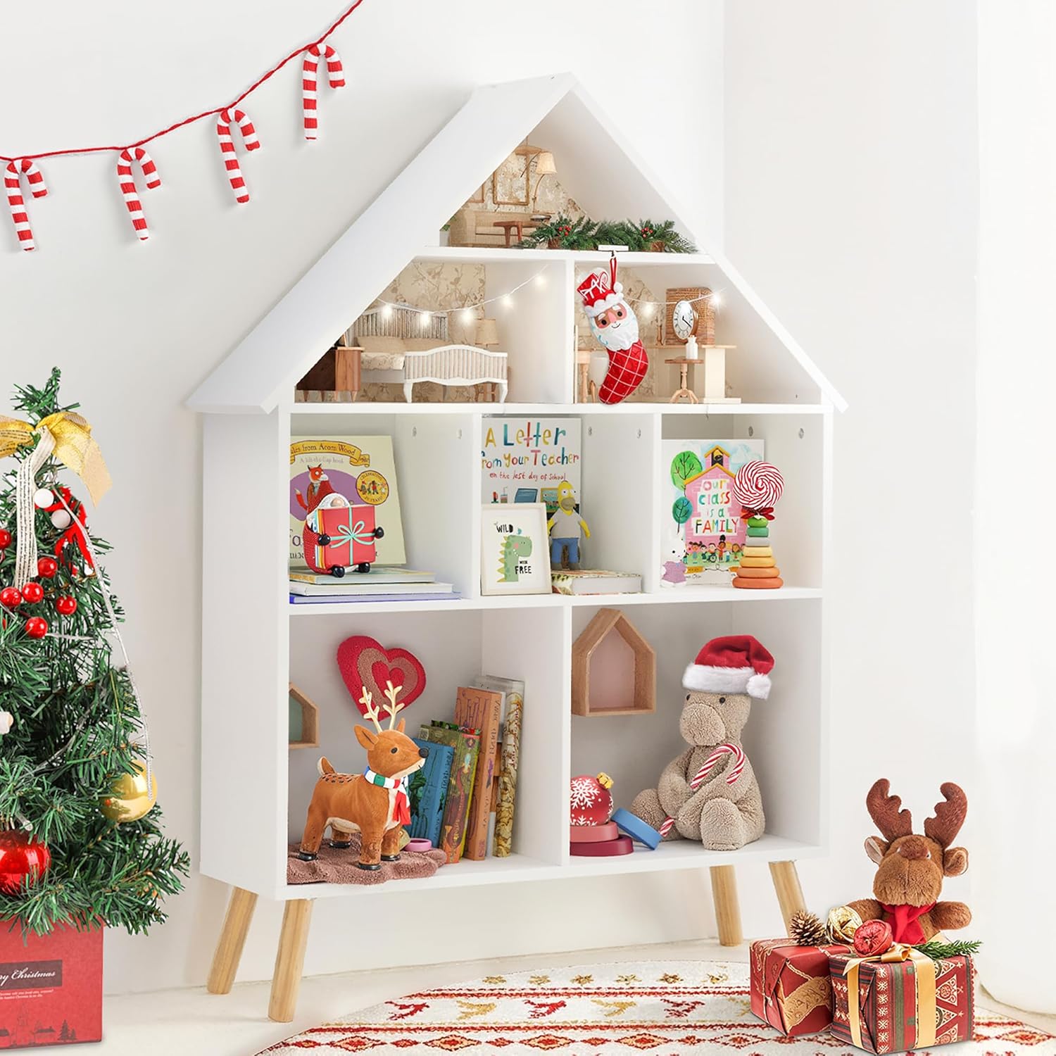 WANSHUN Kids Dollhouse Bookshelf and Baby Storage - Wooden Stand ...