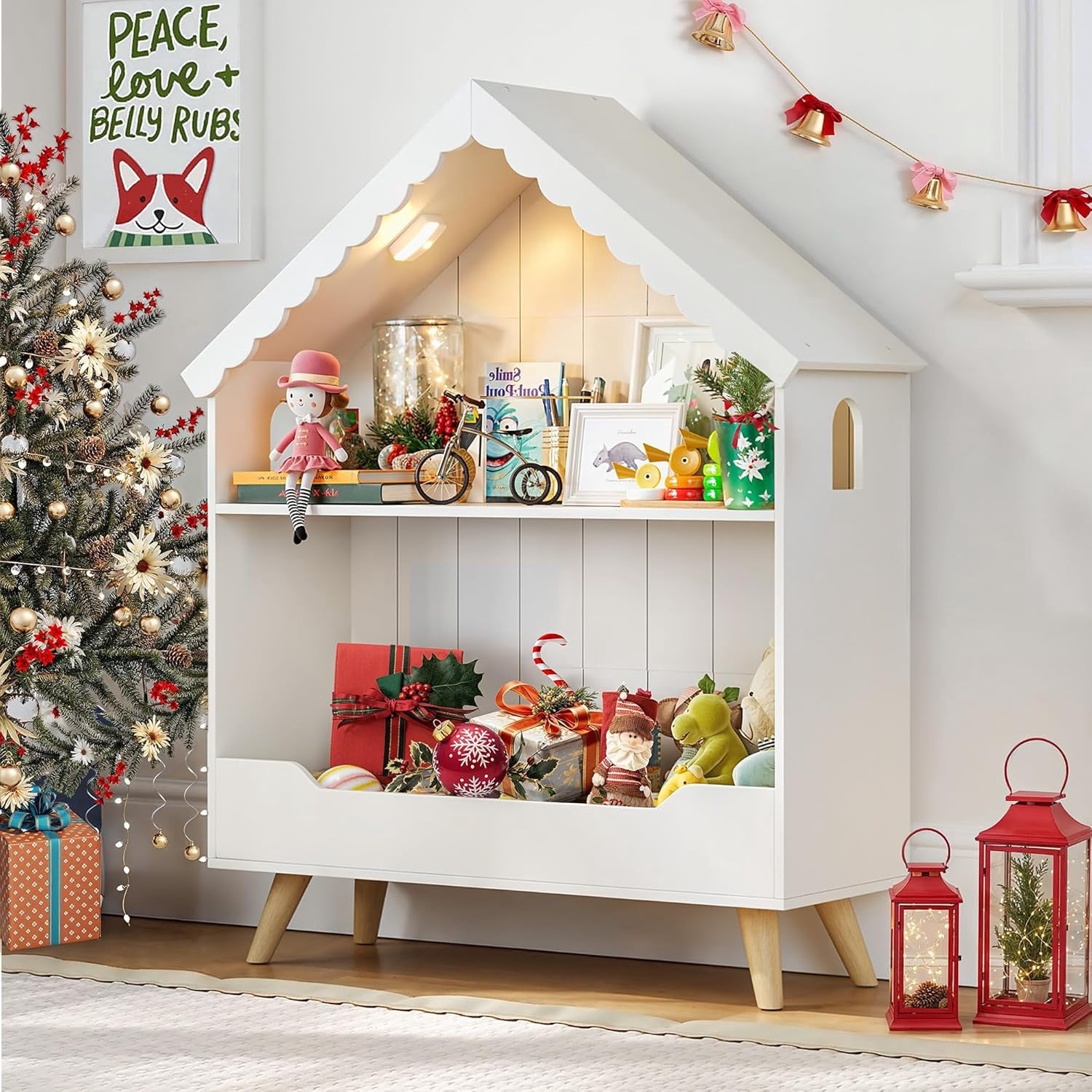 WANSHUN Kids Dollhouse Bookshelf, Wooden Bookcase Storage with Motion ...