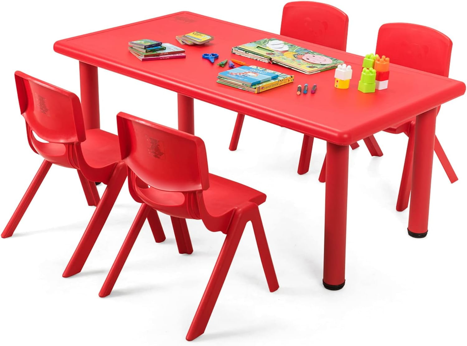 WANSHUN Kids Table and 4 Chair Set, 48 x 24 Inch Children Rectangular Study Table with Stackable ...