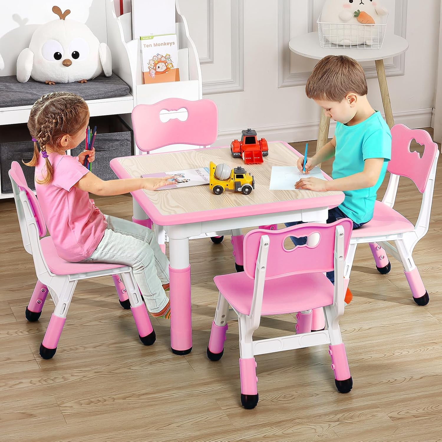 WANSHUN Kids Table and Chairs, Height Adjustable Children Table with 4 ...