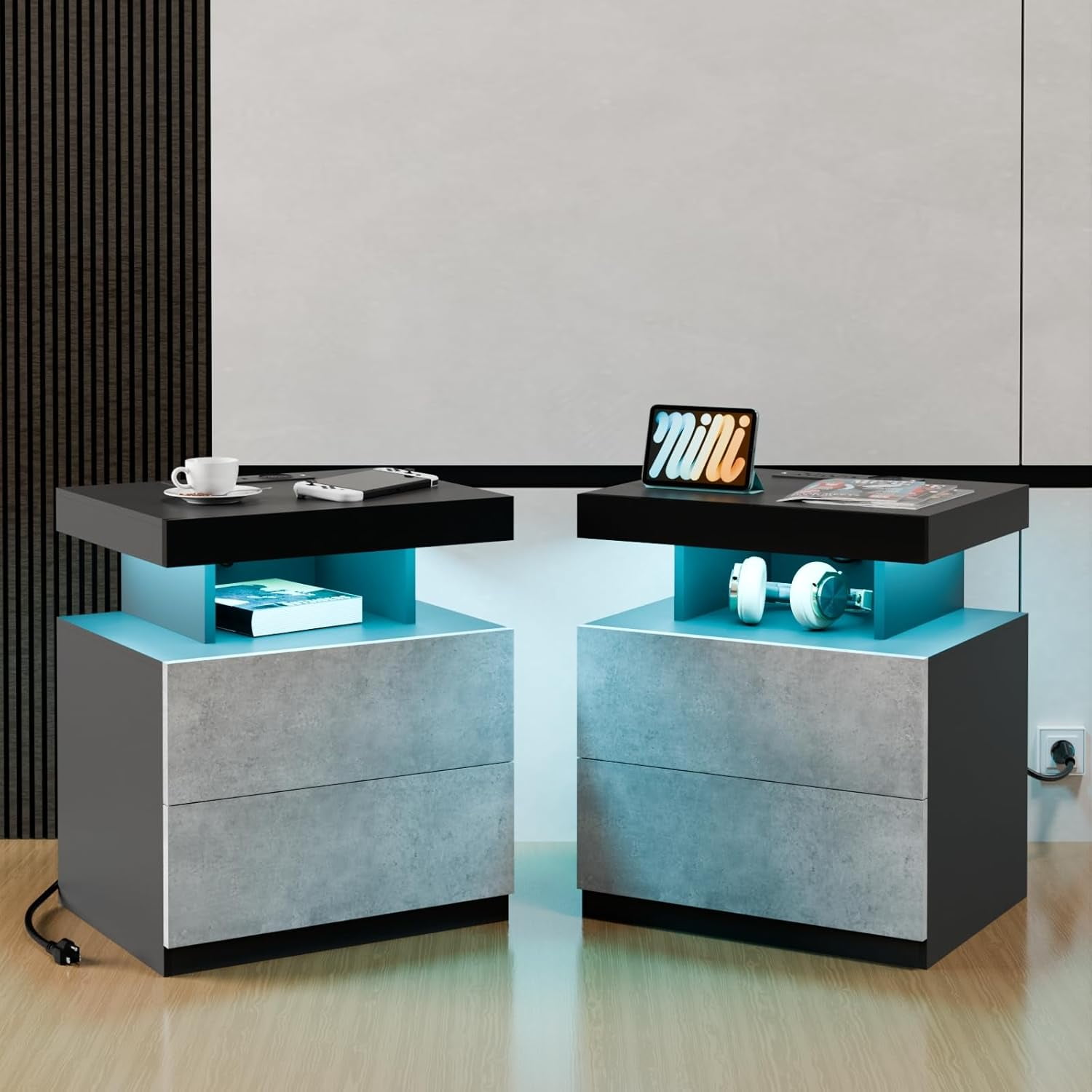 WANSHUN LED Nightstand Set of 2, Night Stand with Wireless Charging ...