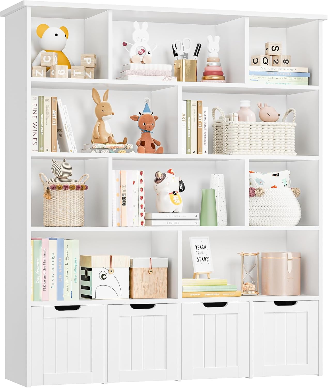 WANSHUN Large Toy Storage Organizer, Tall Kids Bookshelf with 4 Movable ...