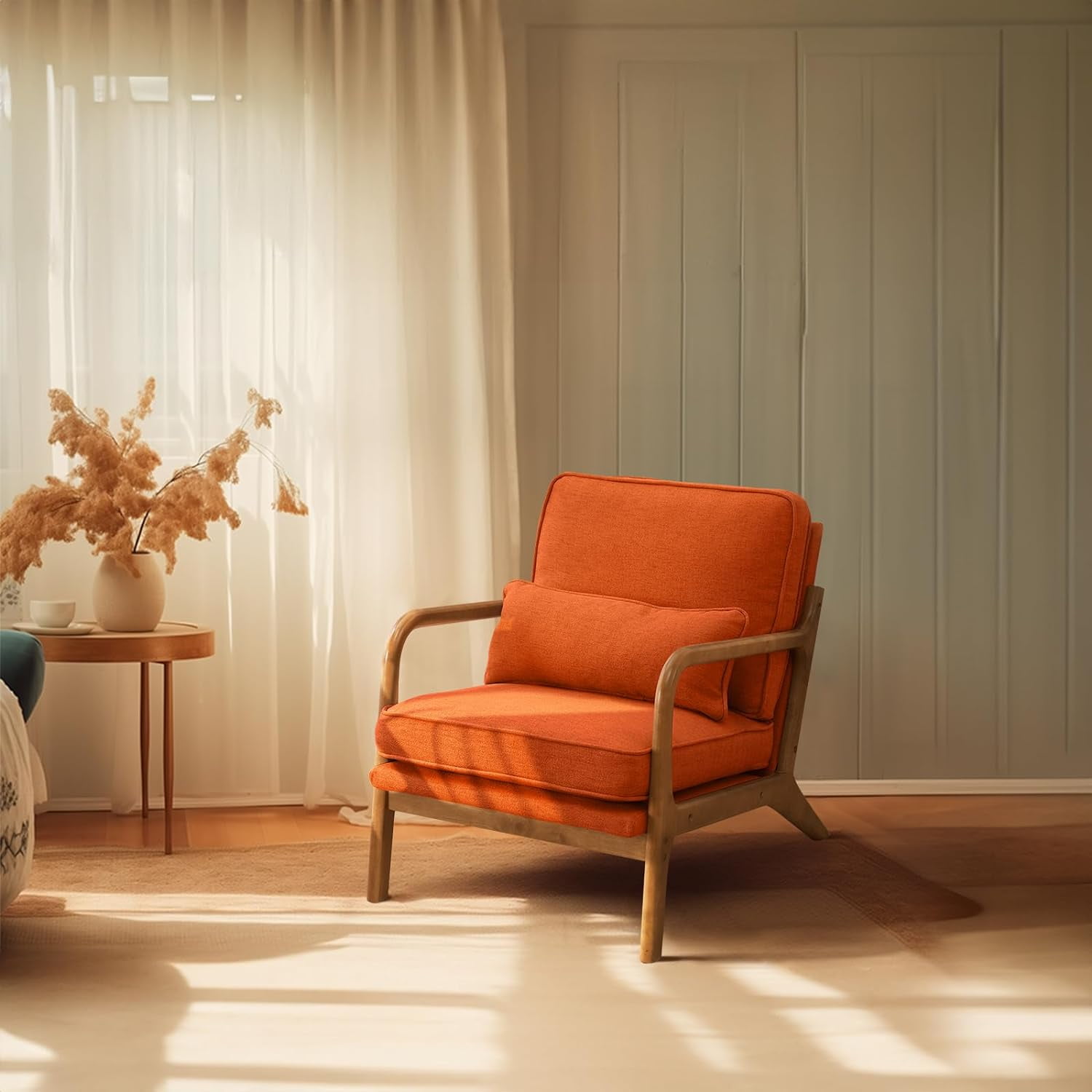 WANSHUN Linen Burnt Orange Mid Century Modern Accent Chair, Soild Wood ...