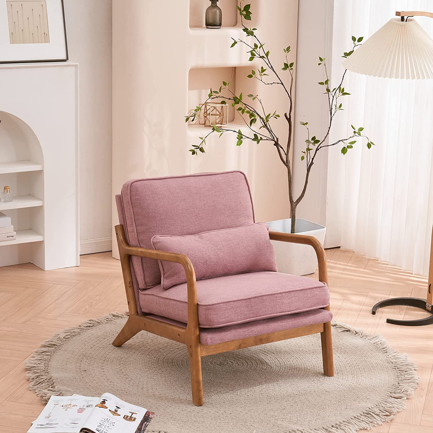 WANSHUN Linen Pink Mid Century Modern Accent Chair, Soild Wood Padding ...