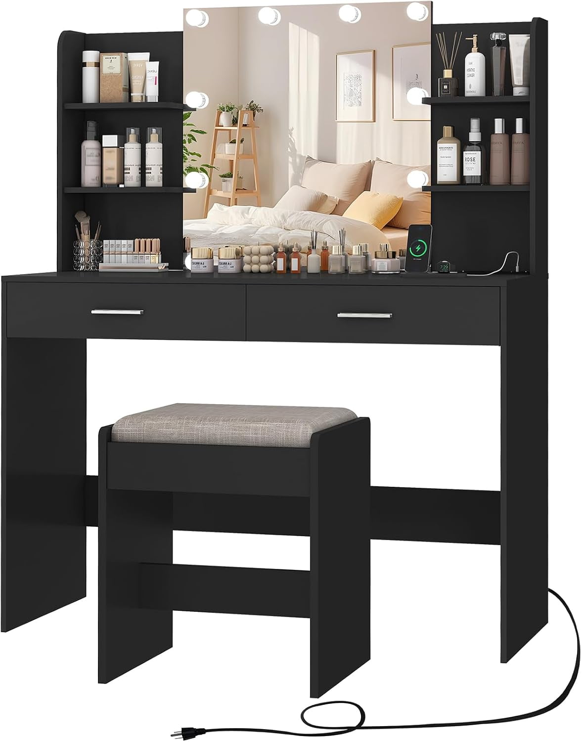 WANSHUN Makeup Vanity Desk with Mirror & Lights, Vanity with 2 Drawers ...