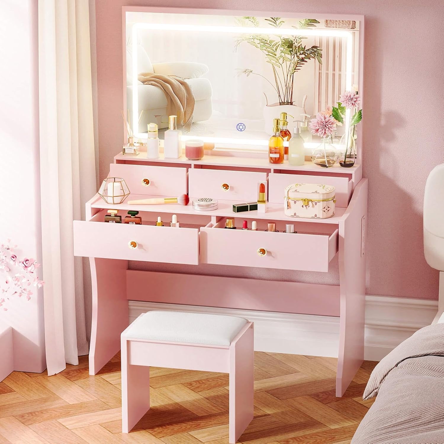 WANSHUN Makeup Vanity Desk with Mirror and Lights, Vanity Table and ...