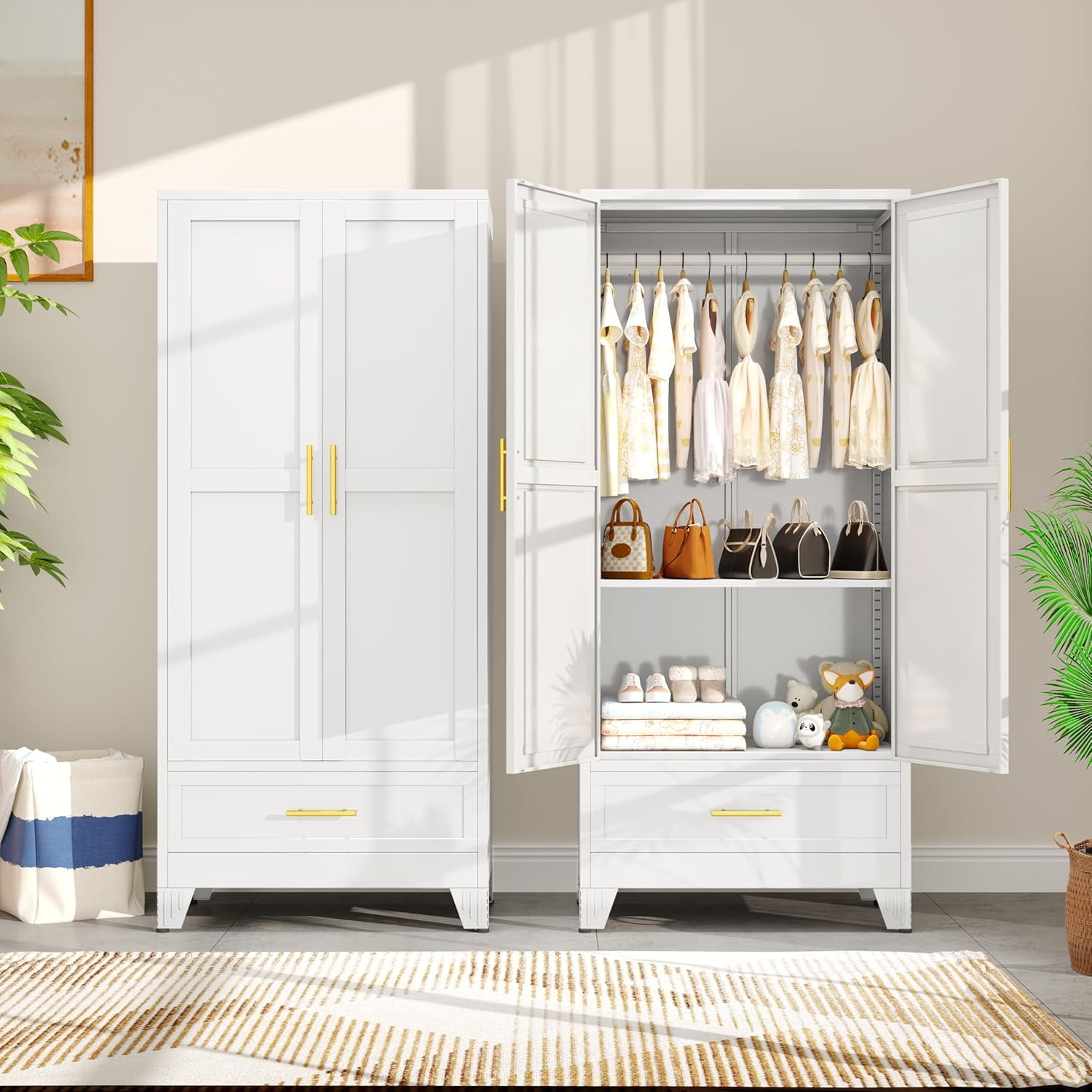 WANSHUN Metal Armoire Wardrobe Closet with Drawers,Storage Cabinet with ...