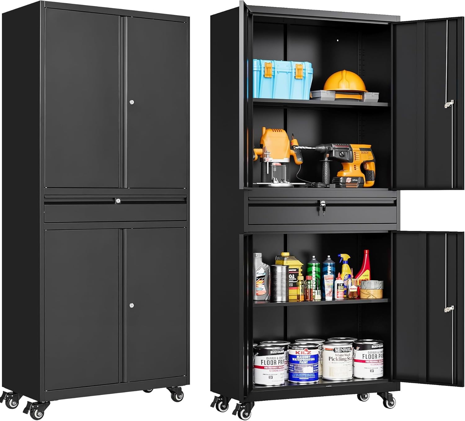 WANSHUN Metal Garage Storage Cabinet with Wheels and Drawer,Black ...