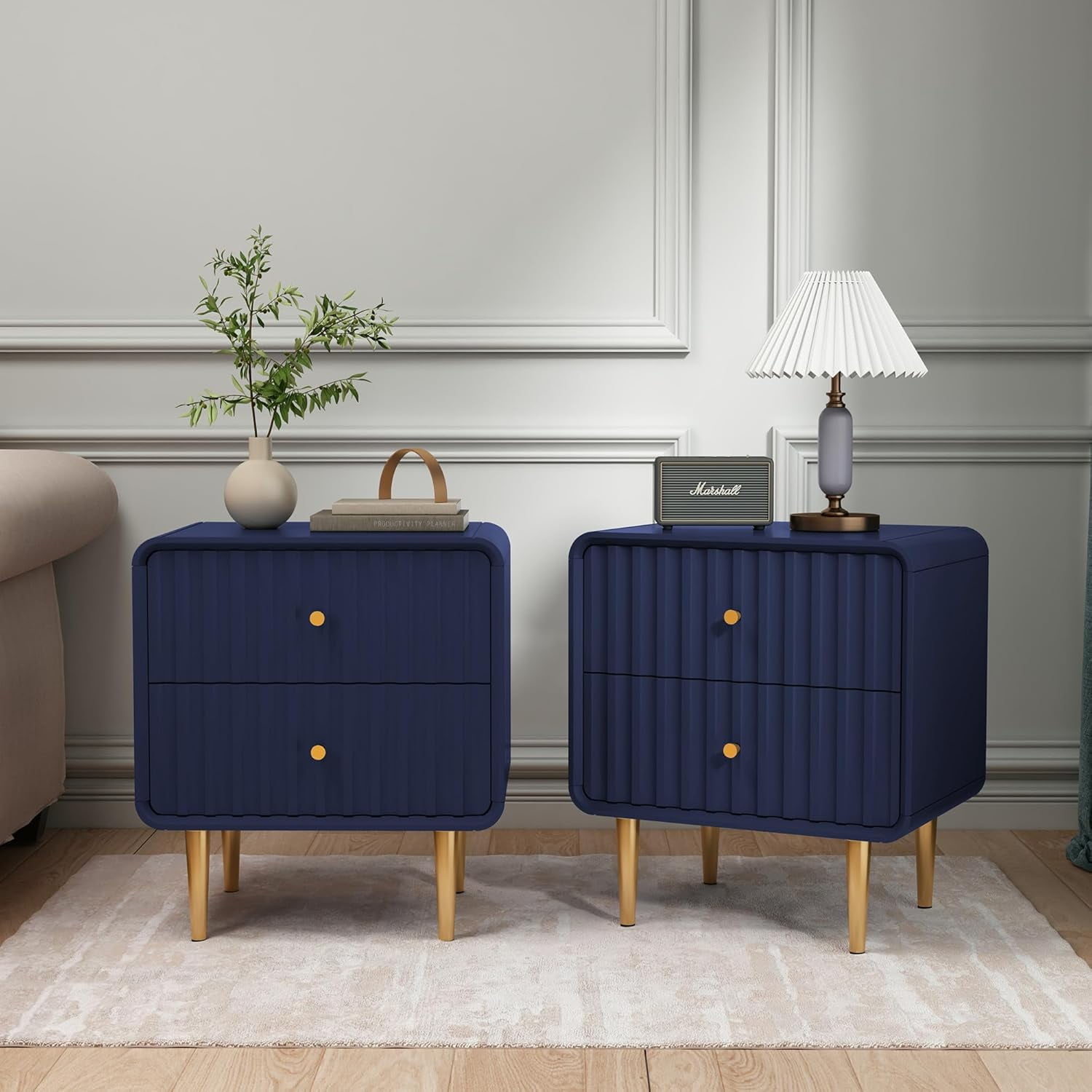 WANSHUN Modern Nightstand Set of 2, Fluted Bed Side Table with 2 ...