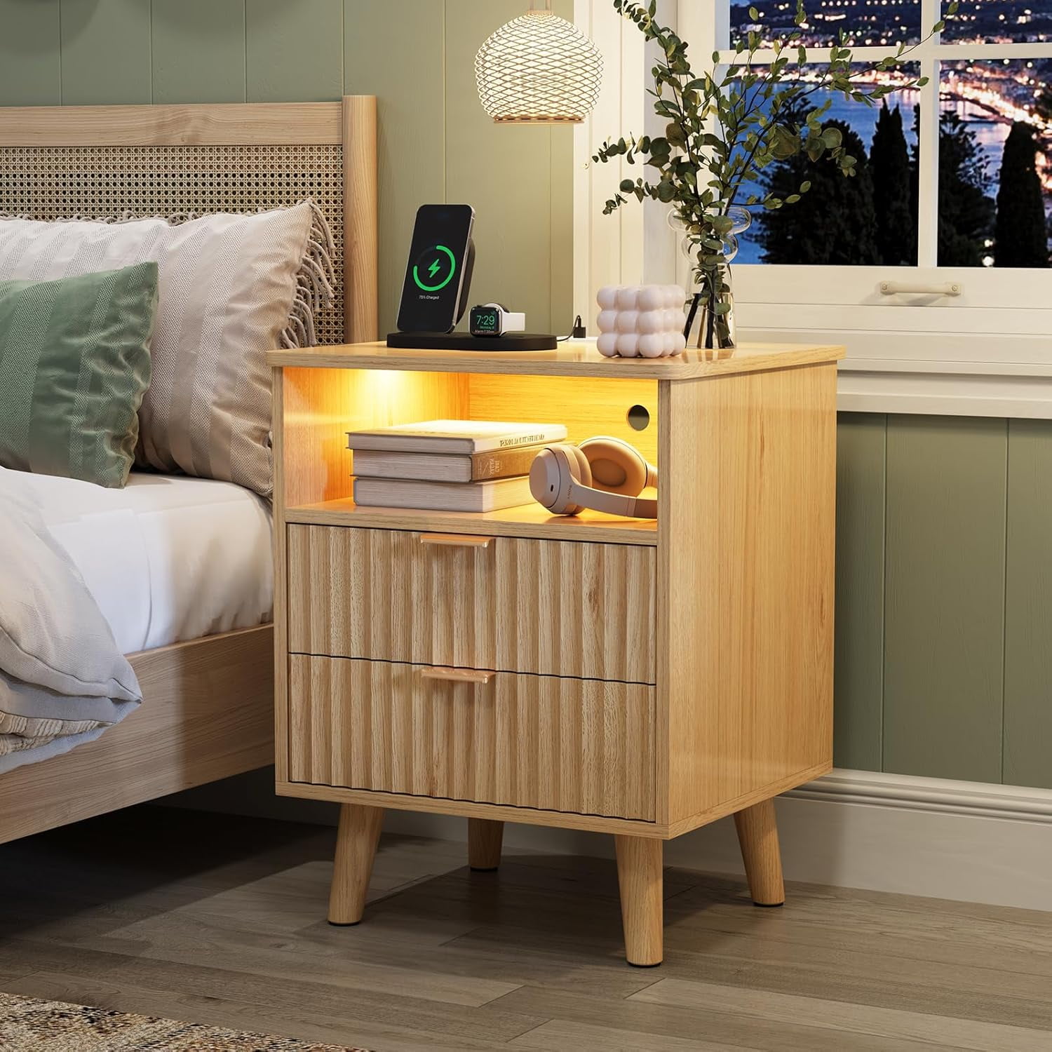 WANSHUN Night Stand with Charging Station and Fluted Panel, 2 Drawers ...
