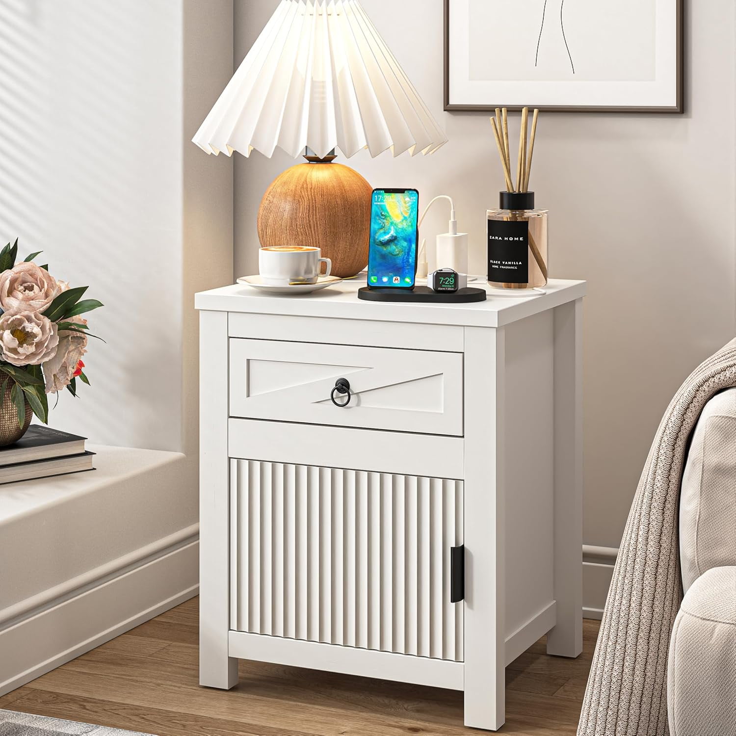 WANSHUN Night Stand, Fluted Nightstand with Charging Station and a ...