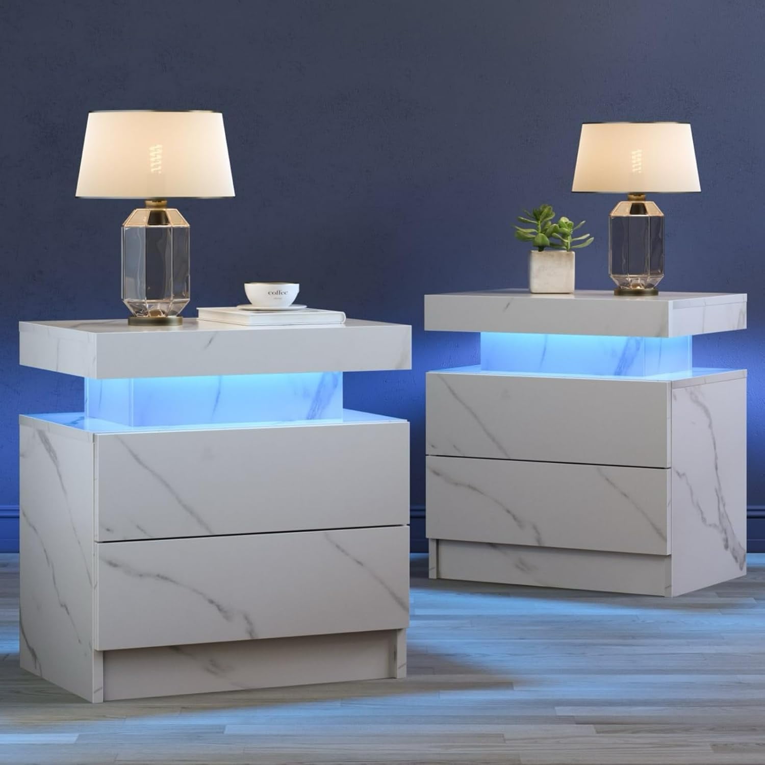 WANSHUN Nightstand Set of 2 with LED Lights White LED Bedside Table ...