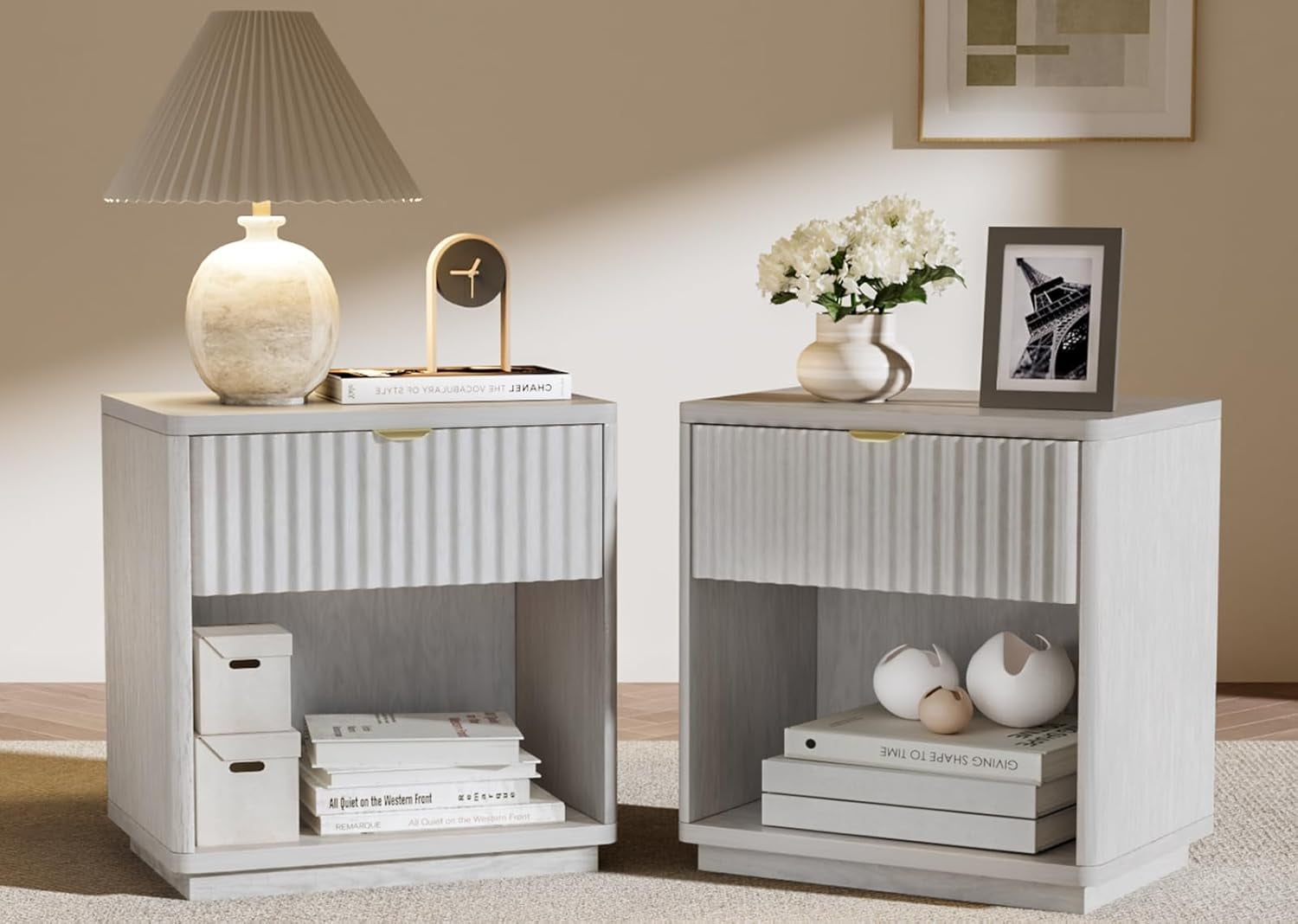 WANSHUN Nightstands Set of 2, Nightstand with Drawers Bedside Table End Table, Modern Fluted ...