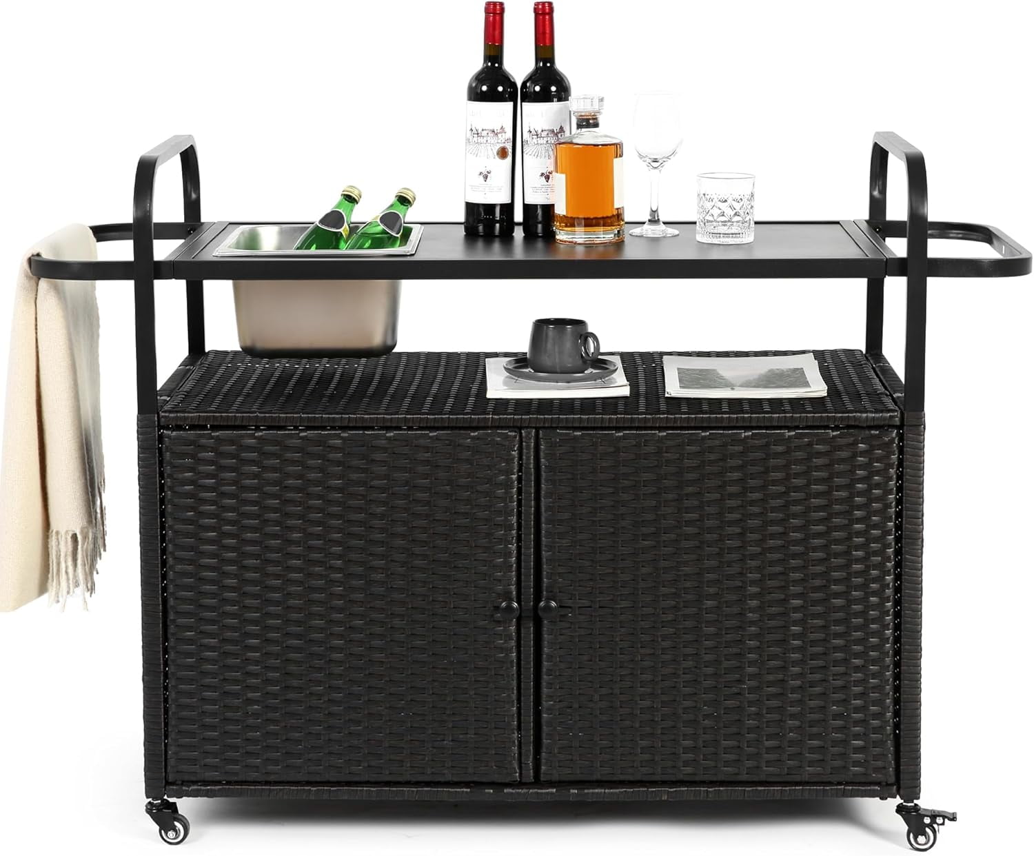 WANSHUN Outdoor Kitchen Island Wicker Serving Console Cart & Grill Bar ...