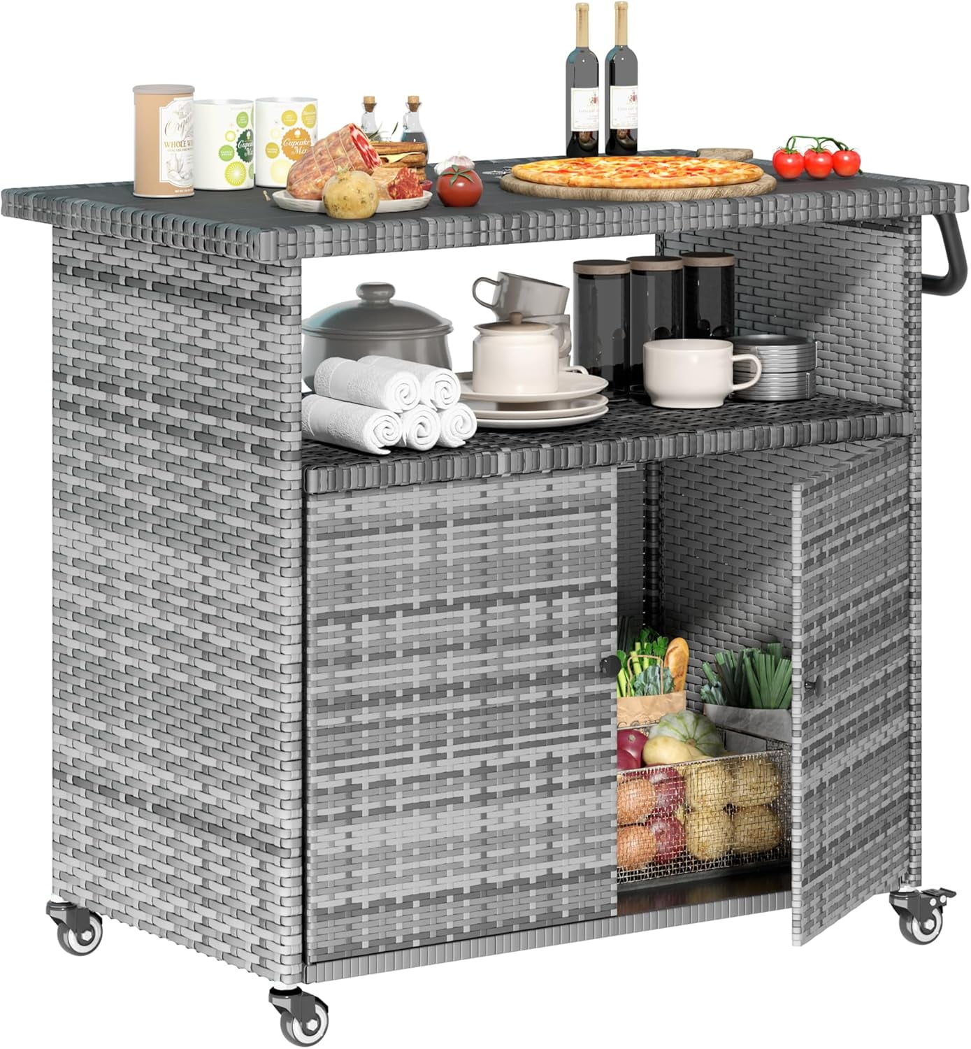 WANSHUN Outdoor Prep Table for Grill Wicker Outdoor Bar Cart with ...